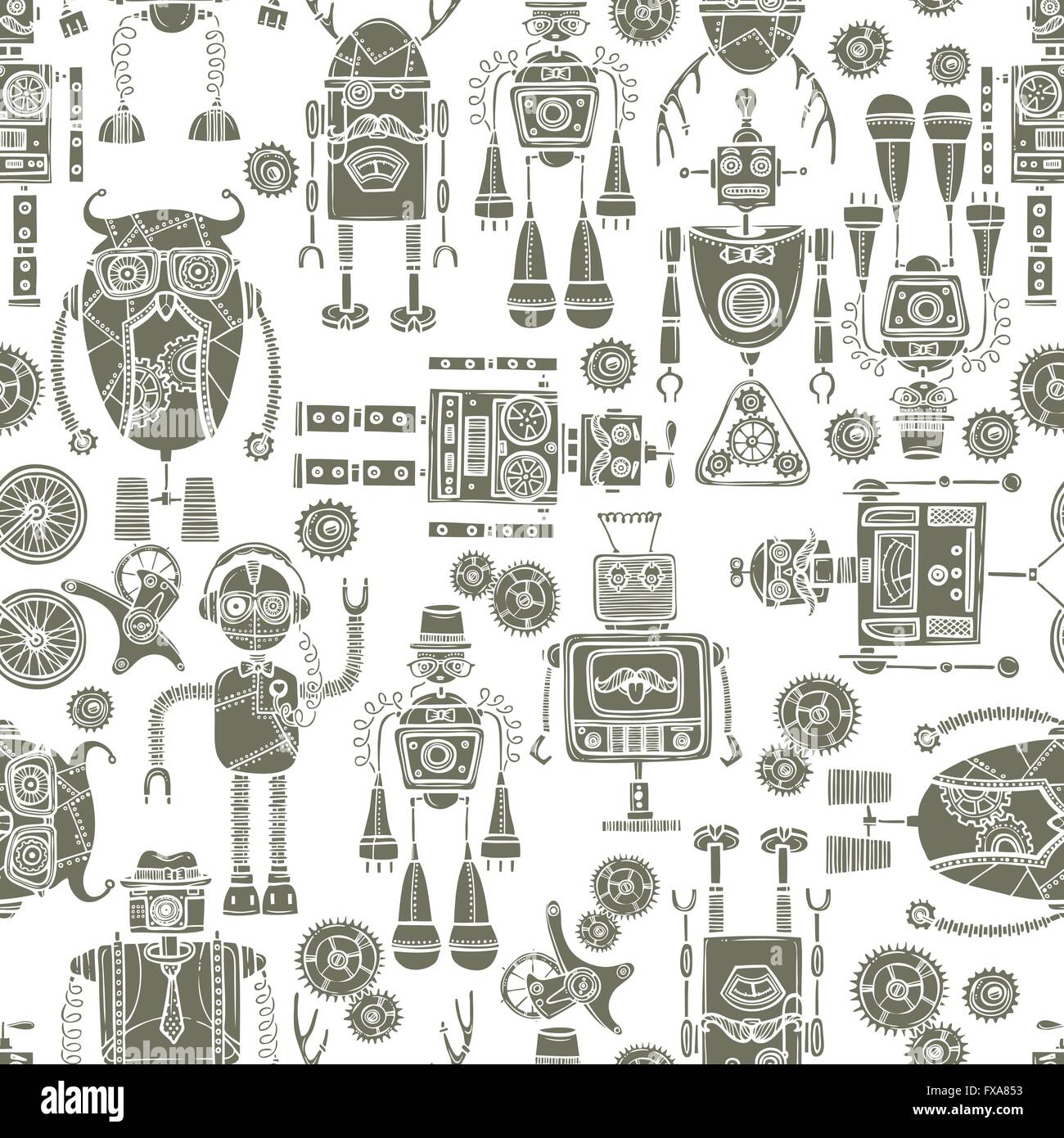 Hipster robot seamless pattern black and white Stock Vector Image & Art ...
