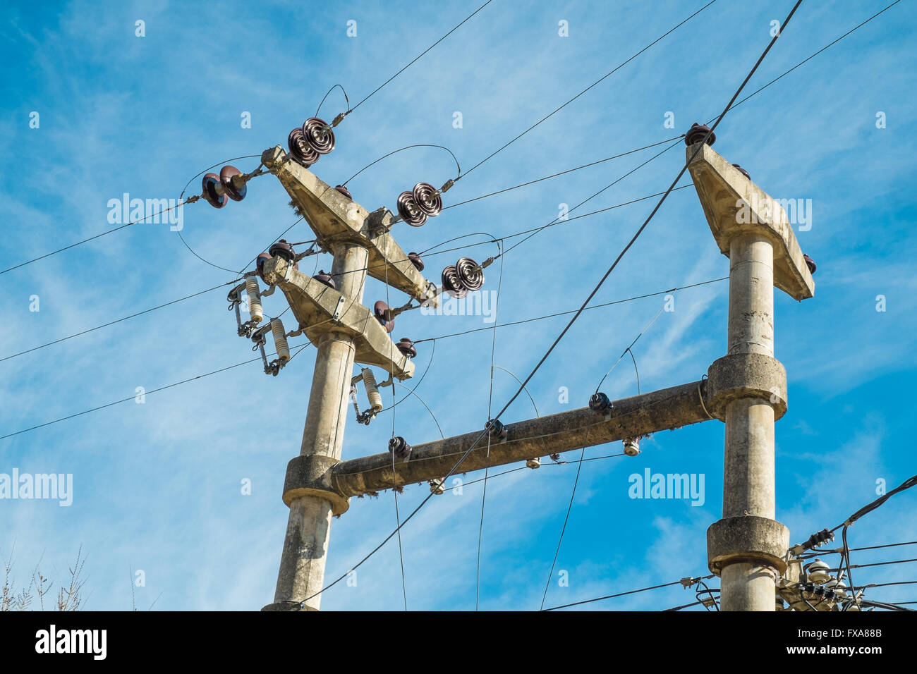 Old electricity pylon with a mess of cables Stock Photo - Alamy