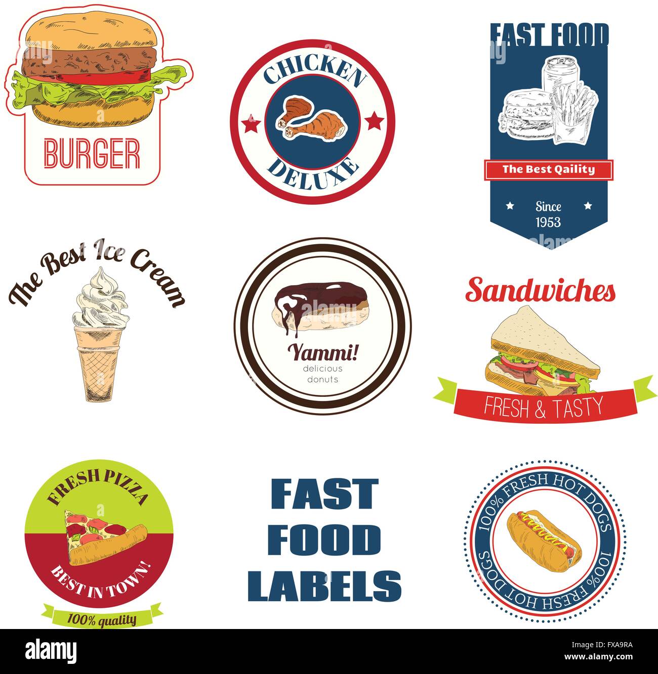 Labels fast food hot dog burger Cut Out Stock Images & Pictures - Alamy