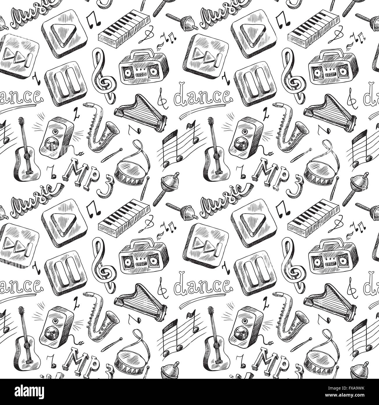 Guitar music instrument doodle Black and White Stock Photos & Images ...