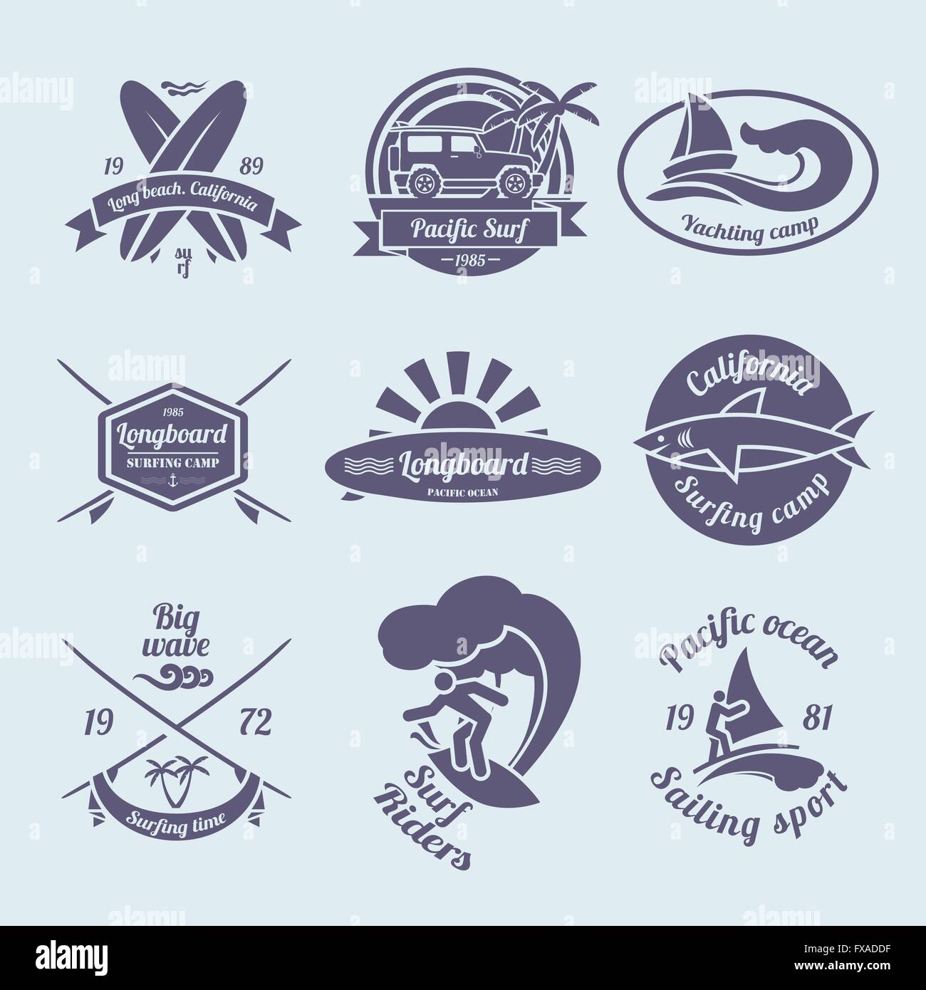 Surfing labels set Stock Vector Image & Art - Alamy