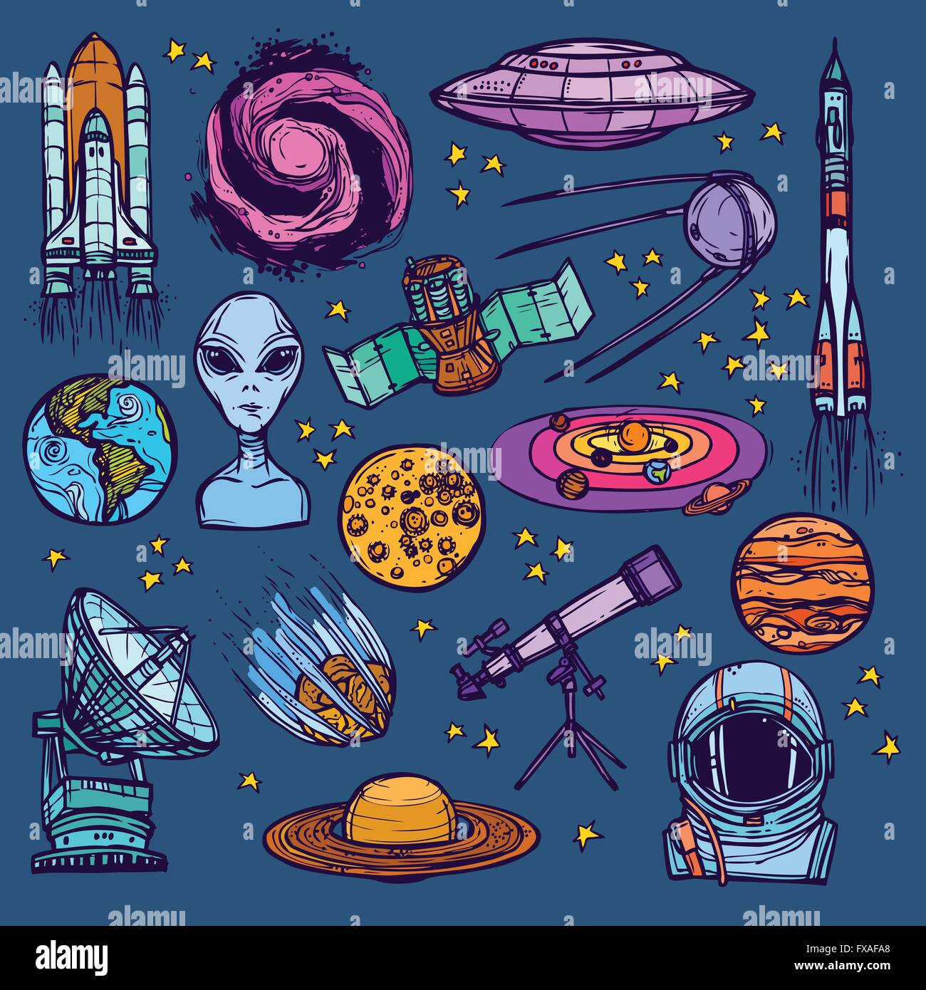 Space sketch set colored Stock Vector Image & Art - Alamy
