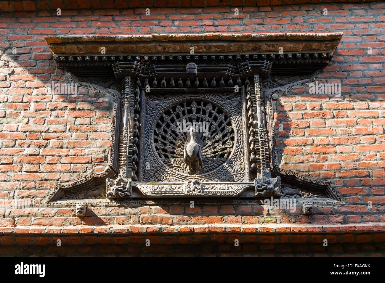 Carved wooden Peacock Window at a house, Bhaktapur, Kathmandu, Nepal ...