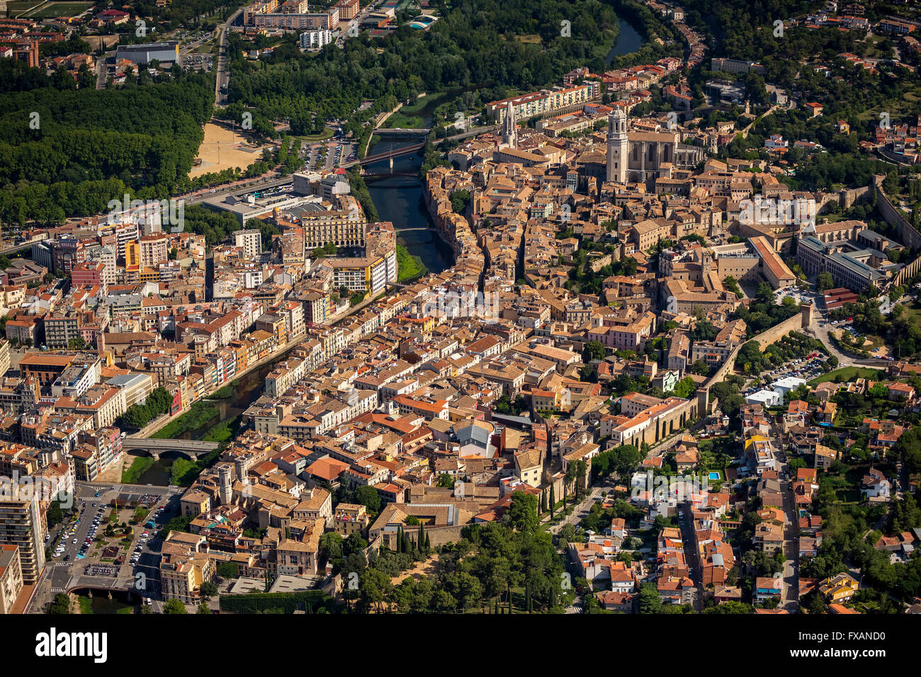 Aerial view, overview of the city of Girona, Girona, Costa Brava ...