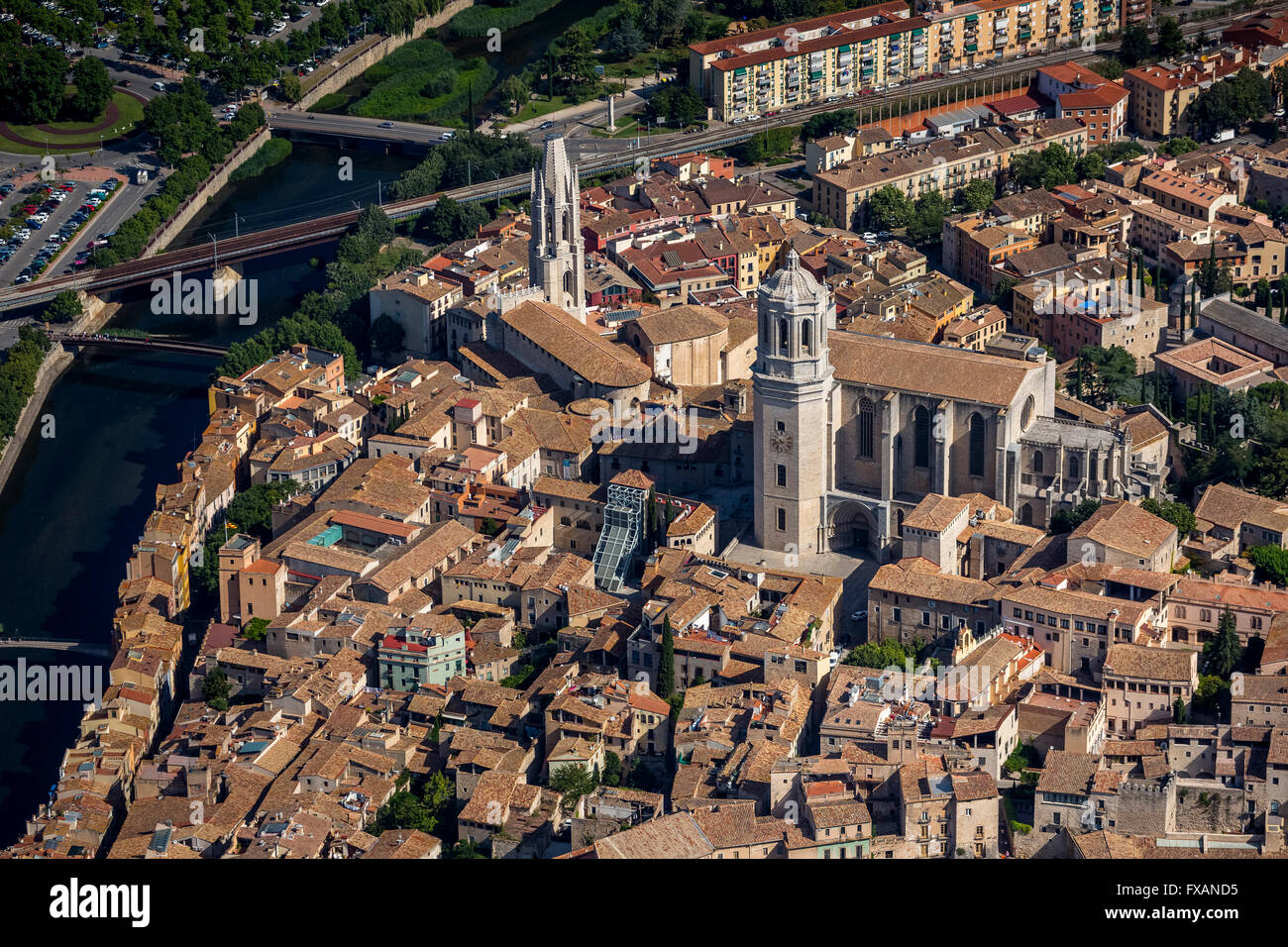 Aerial view, Girona Cathedral, Catedral de Santa Maria de Girona and ...