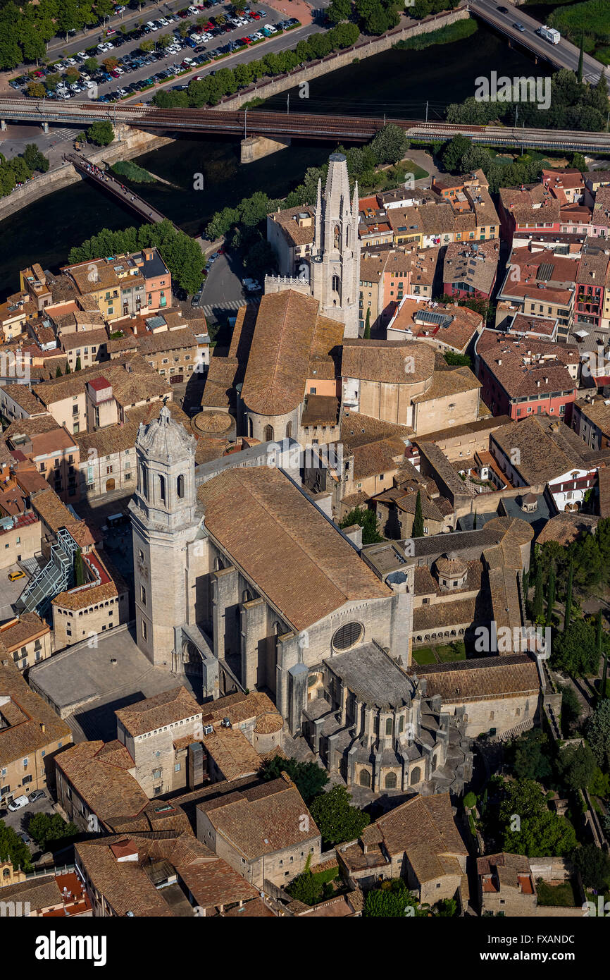 Aerial view, Girona Cathedral, Catedral de Santa Maria de Girona and ...
