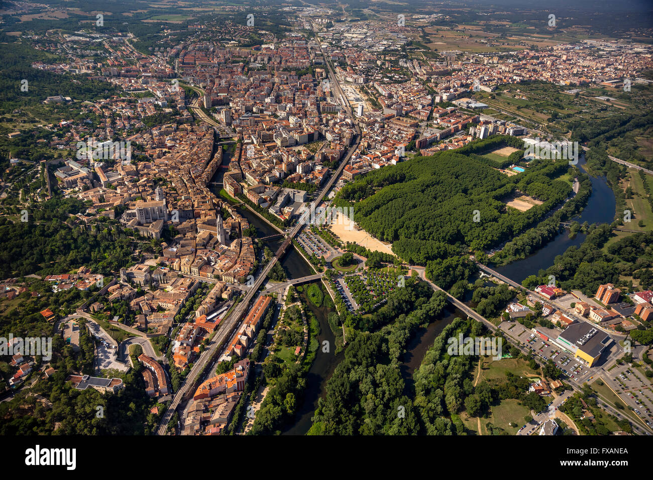 Aerial view, the confluence of the rivers Ter and Onyar, Girona, Costa ...