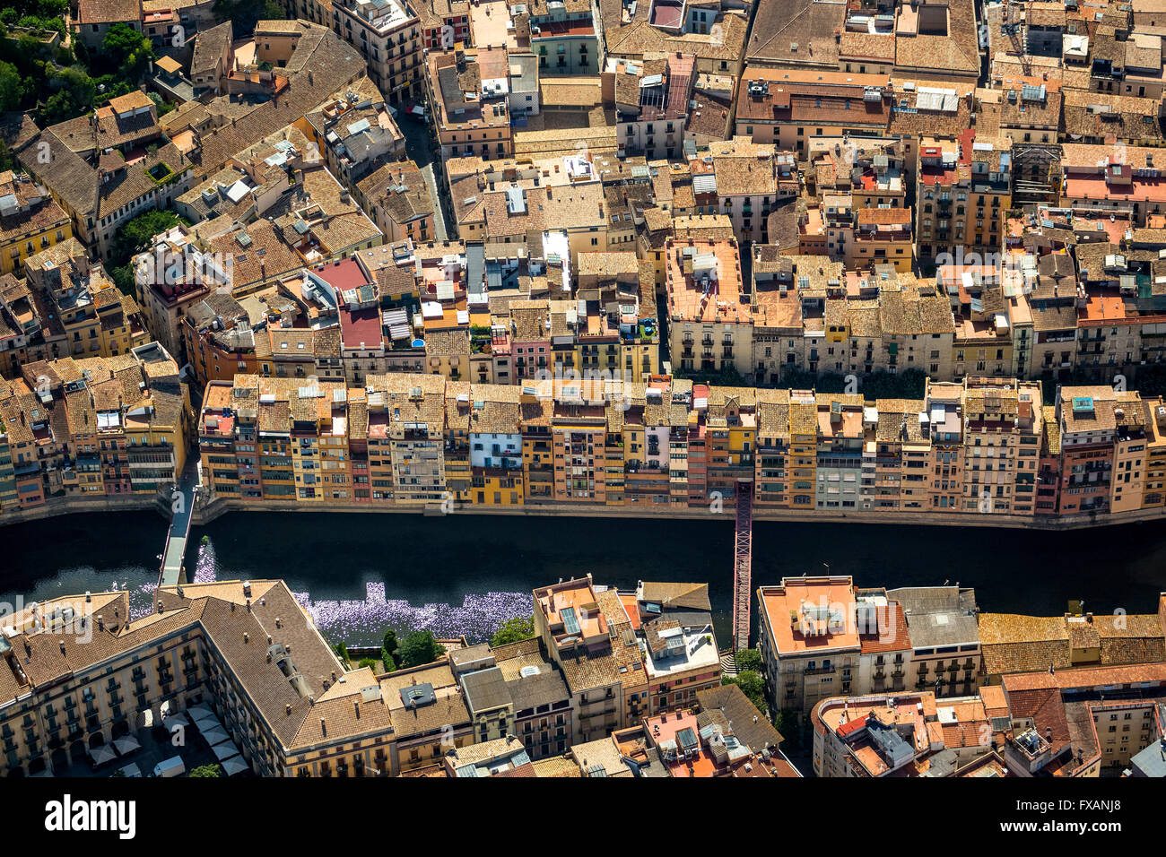 Aerial view, Call, Jewish quarter of Girona on Onyar river, Girona ...