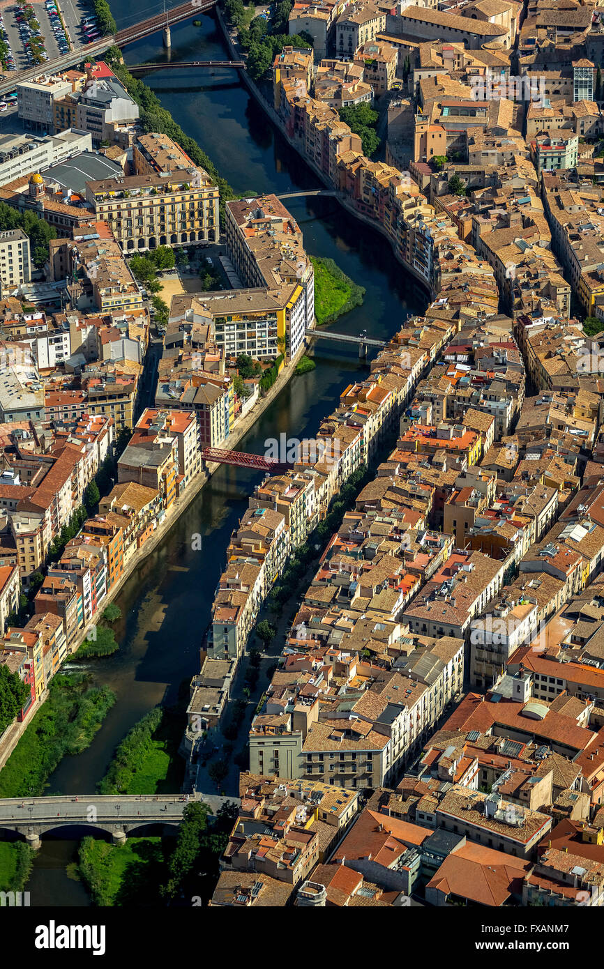 Aerial view, call, Judenvieertel of Girona on Onyar river, Girona ...