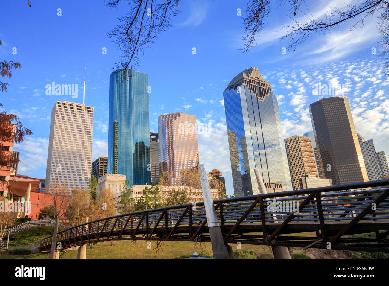 Beautiful view of downtown Houston in a sunny day. Houston is the most ...