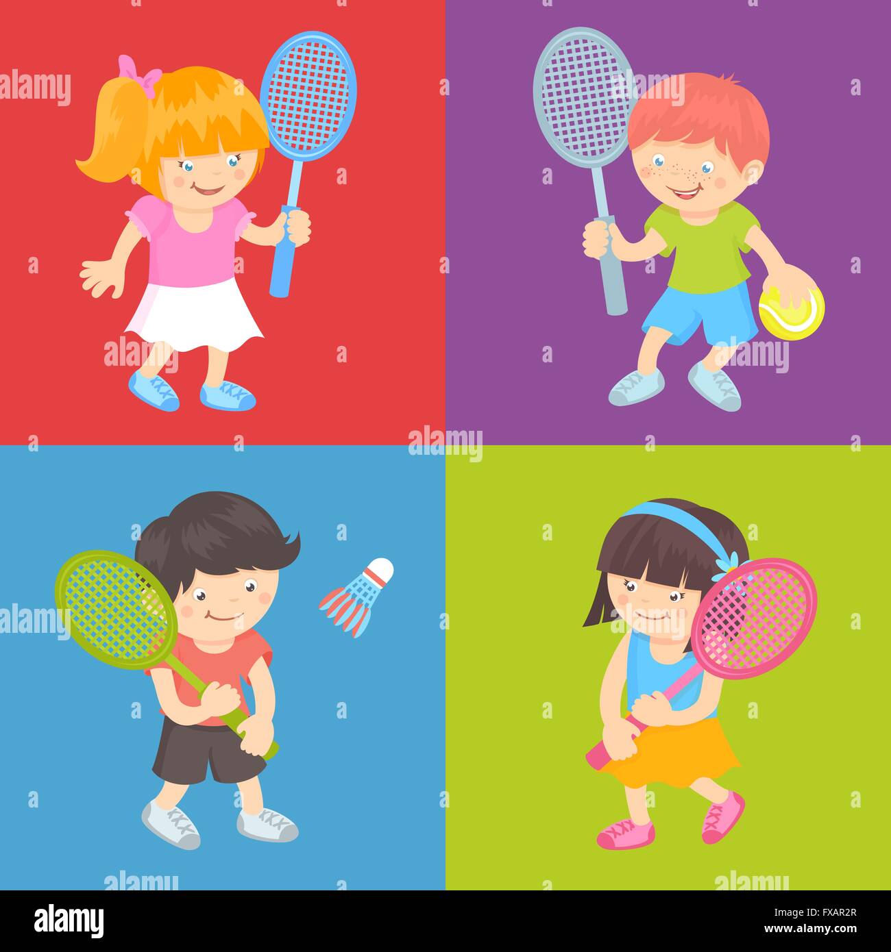 Cartoon Kids Playing Tennis Vector Clip Art Illustration