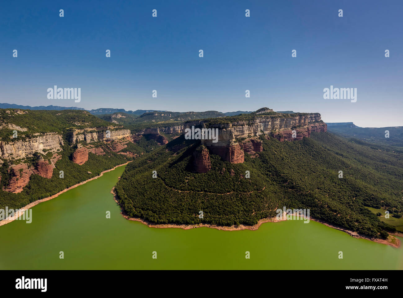 Aerial viewTable Mountain layered rock, Panta de Sau, Sau reservoir ...