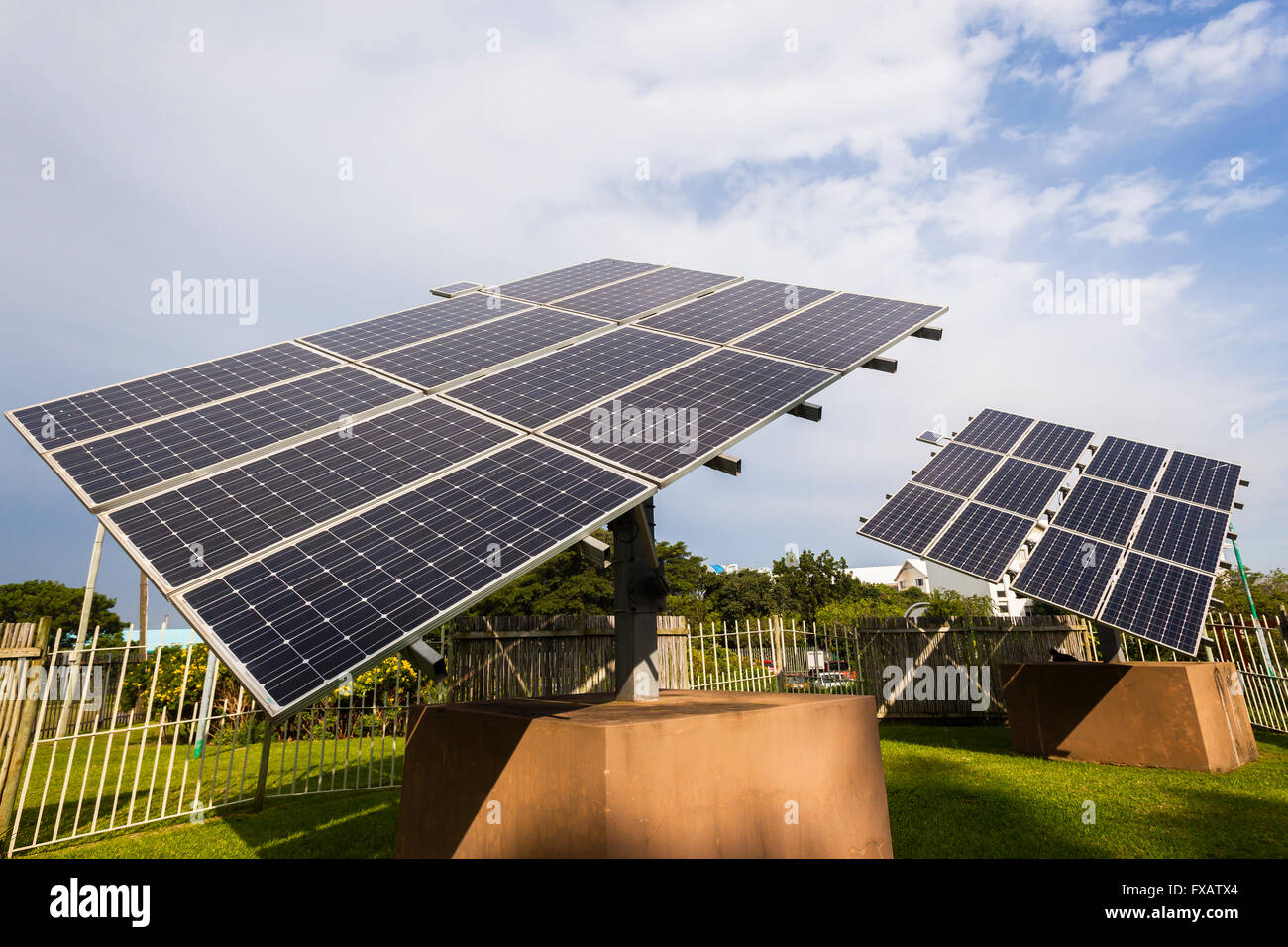 Solar screen panels creating clean electricity outdoors facing north ...