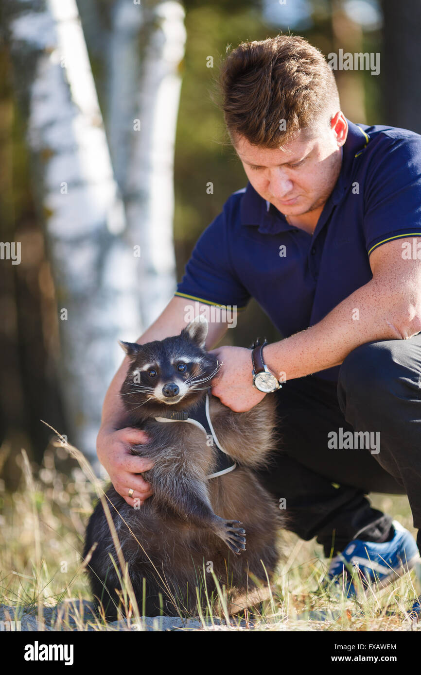 Portrait of a man with raccoon in a forest Stock Photo - Alamy