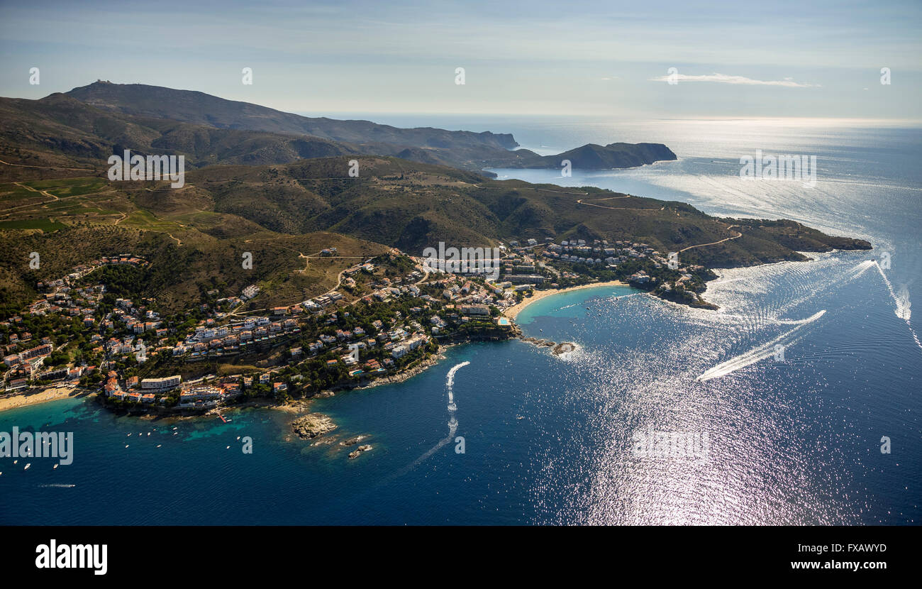 Aerial view, Mediterranean Bay of Roses, blue water, Roses, Costa Brava ...