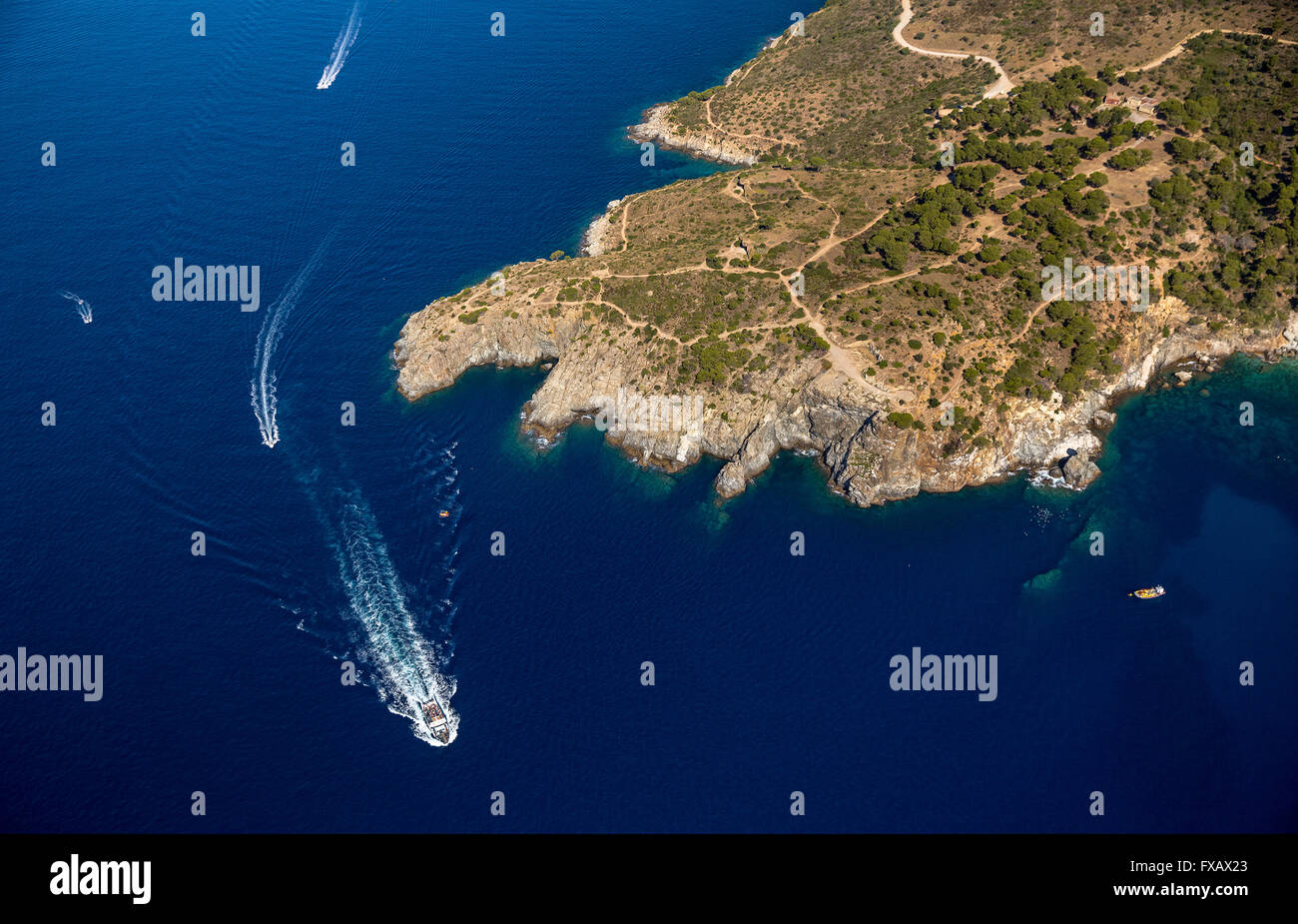 Aerial view, bays for boats and divers, Mediterranean Bay of Roses ...