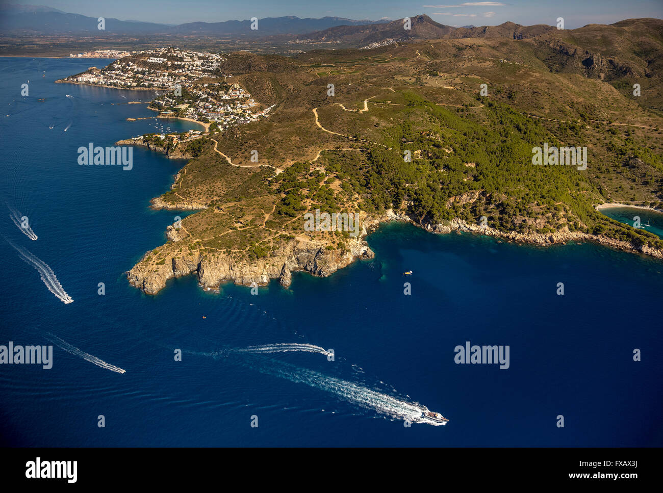 Aerial view, bays for boats and divers, Mediterranean Bay of Roses ...