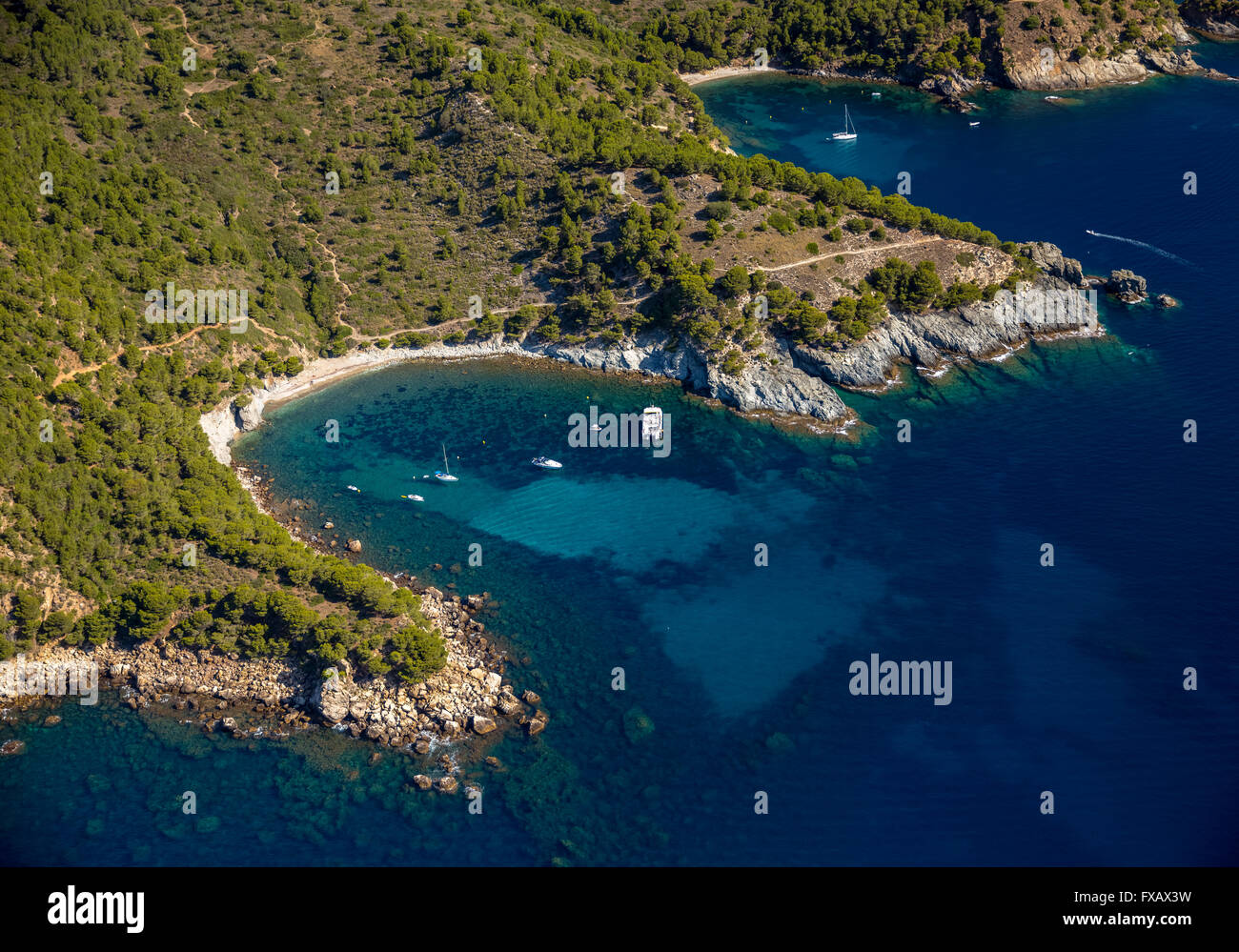 Aerial view, bays for boats and divers, Mediterranean Bay of Roses ...