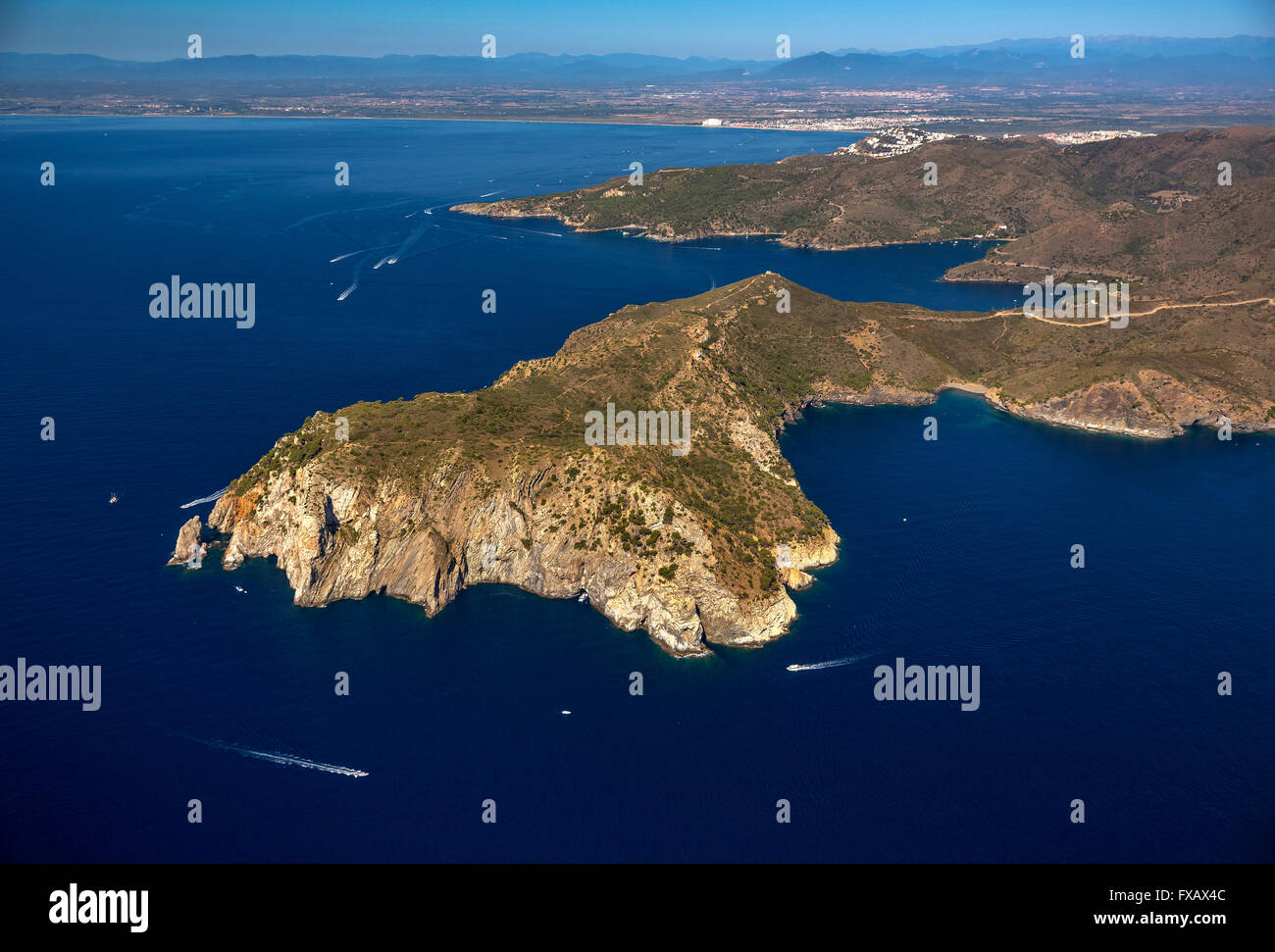 Aerial view, bays for boats and divers, Mediterranean Bay of Roses ...