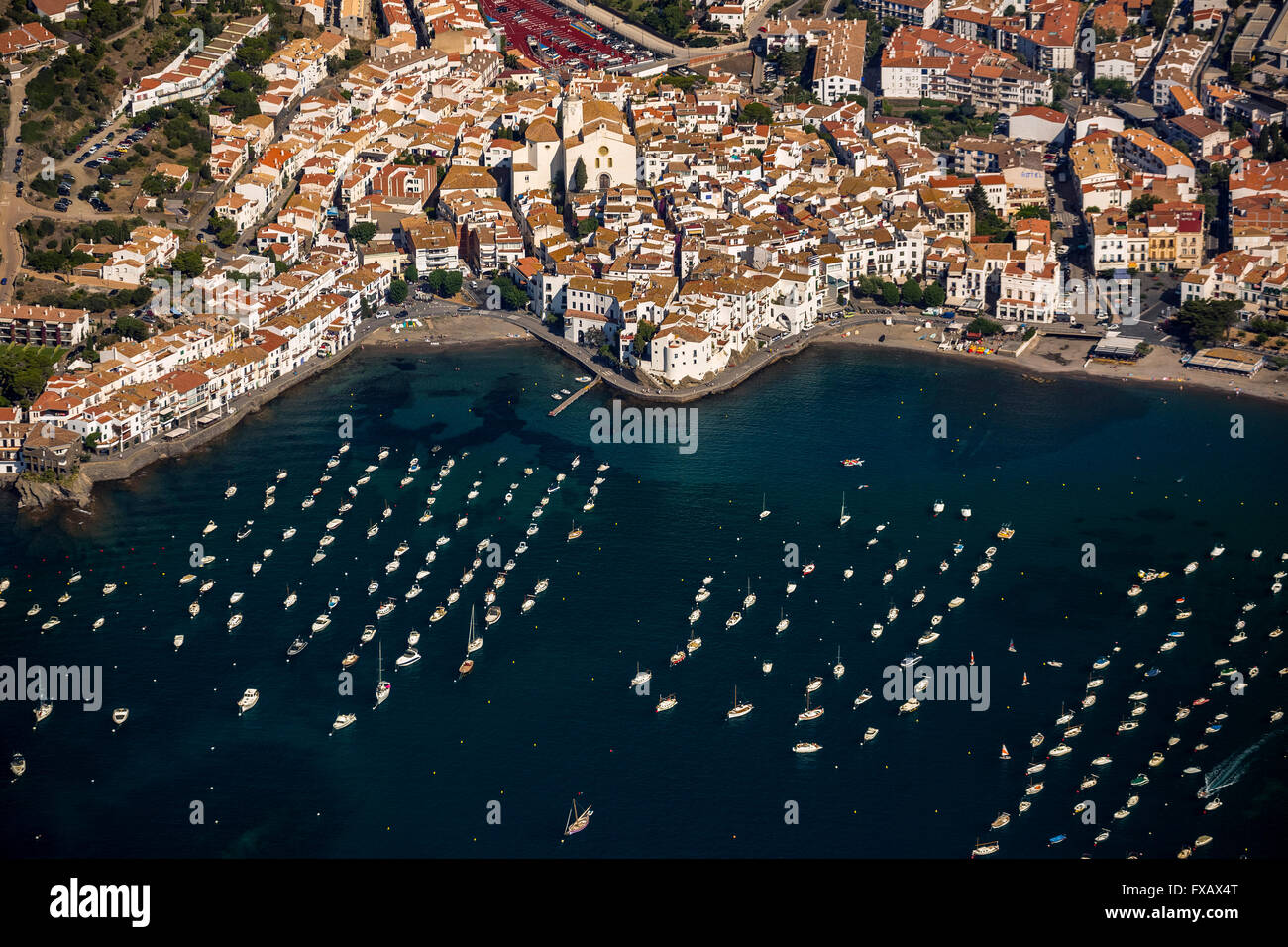 Aerial, Bay of Cadaques, sailboats, old town, Parc Natural Cap de Creus ...