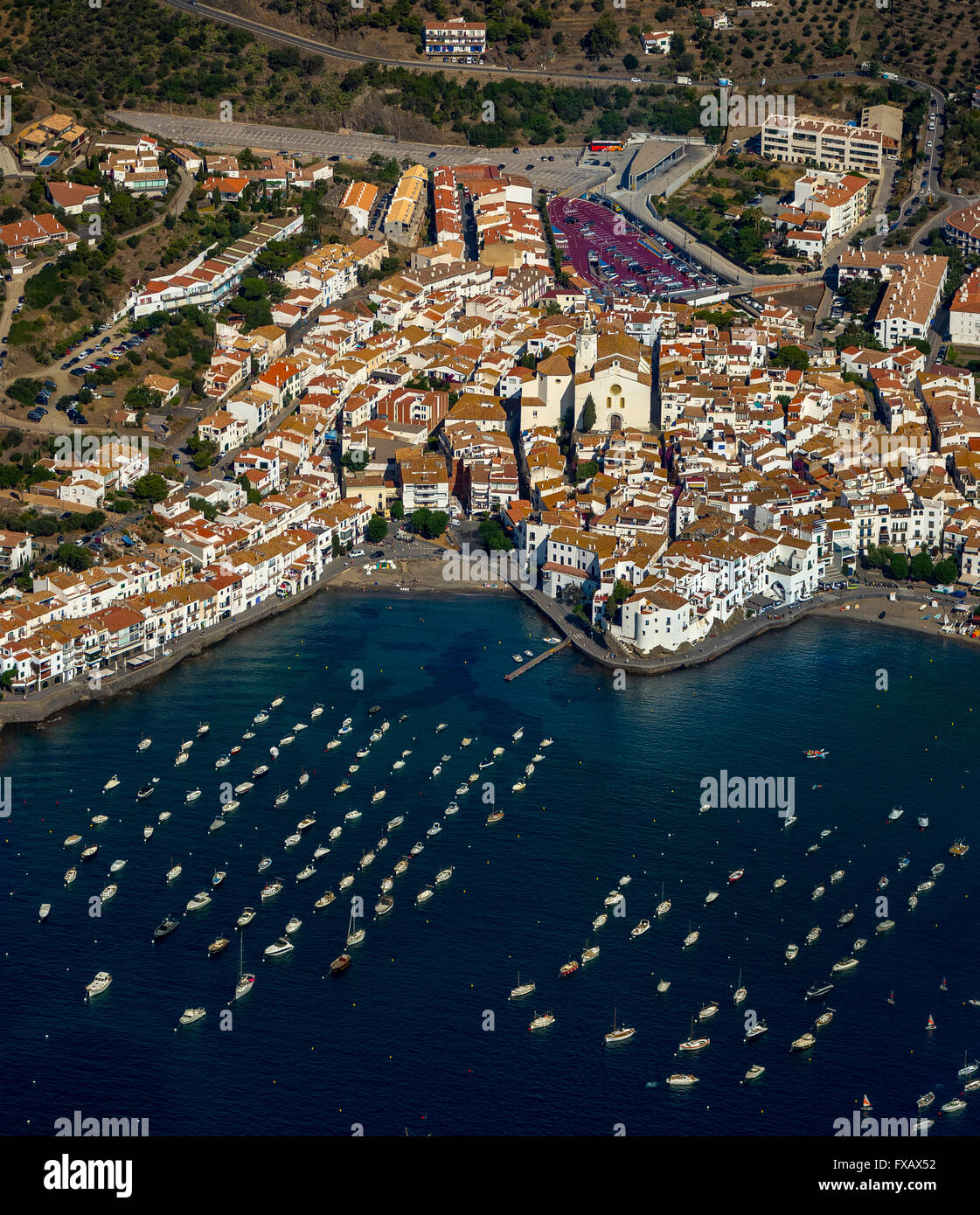 Aerial, Bay of Cadaques, sailboats, old town, Parc Natural Cap de Creus ...