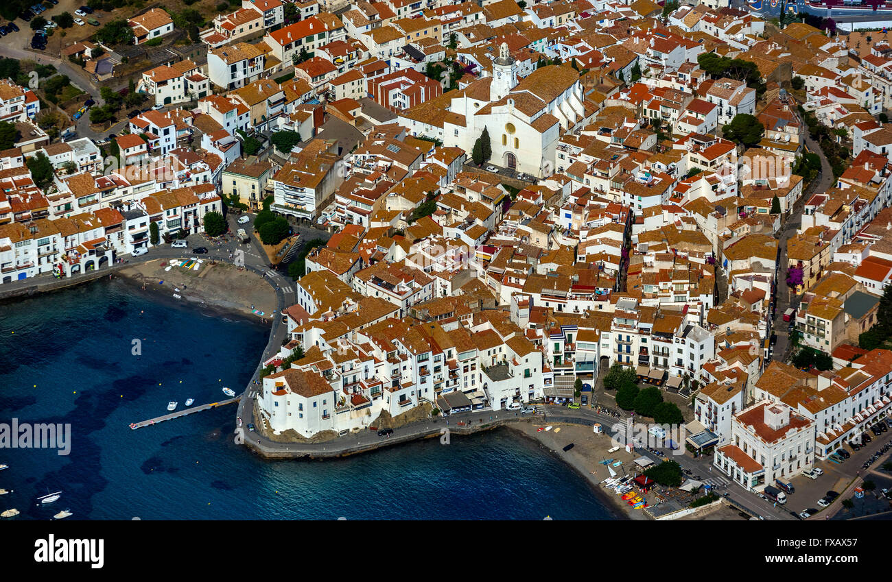 Aerial, Bay of Cadaques, sailboats, old town, Parc Natural Cap de Creus ...