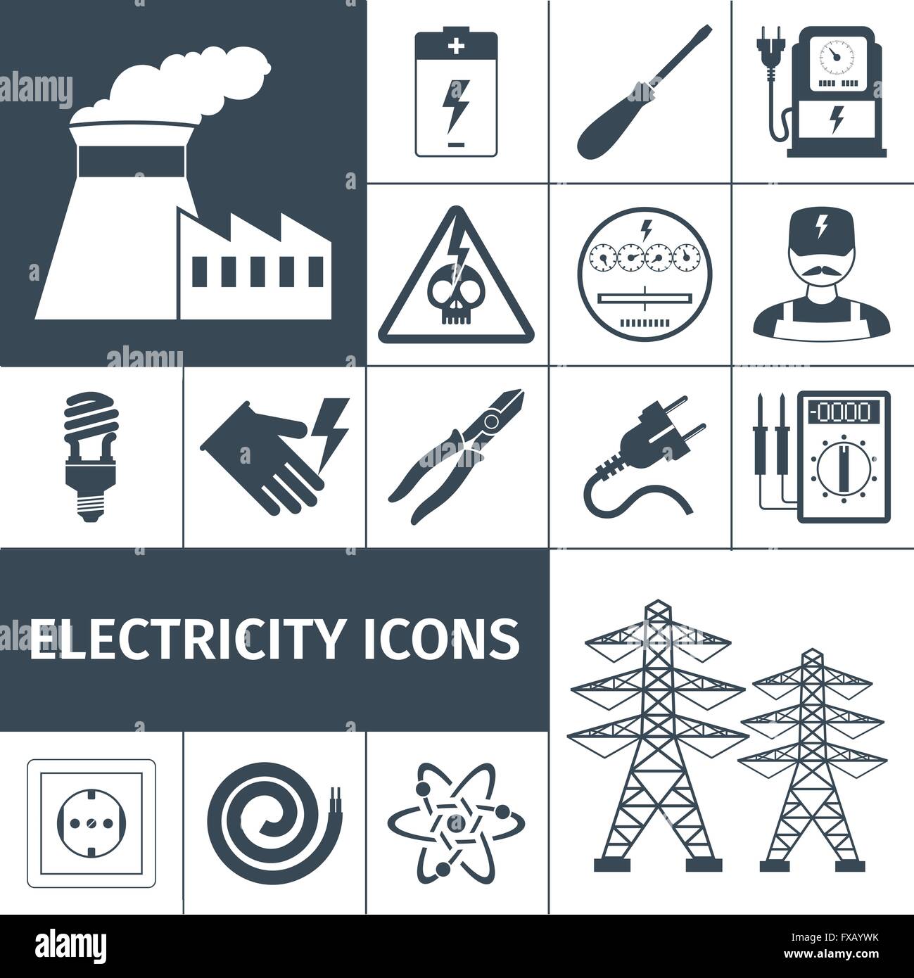 Electricity Icons Black Set Stock Vector Image & Art - Alamy