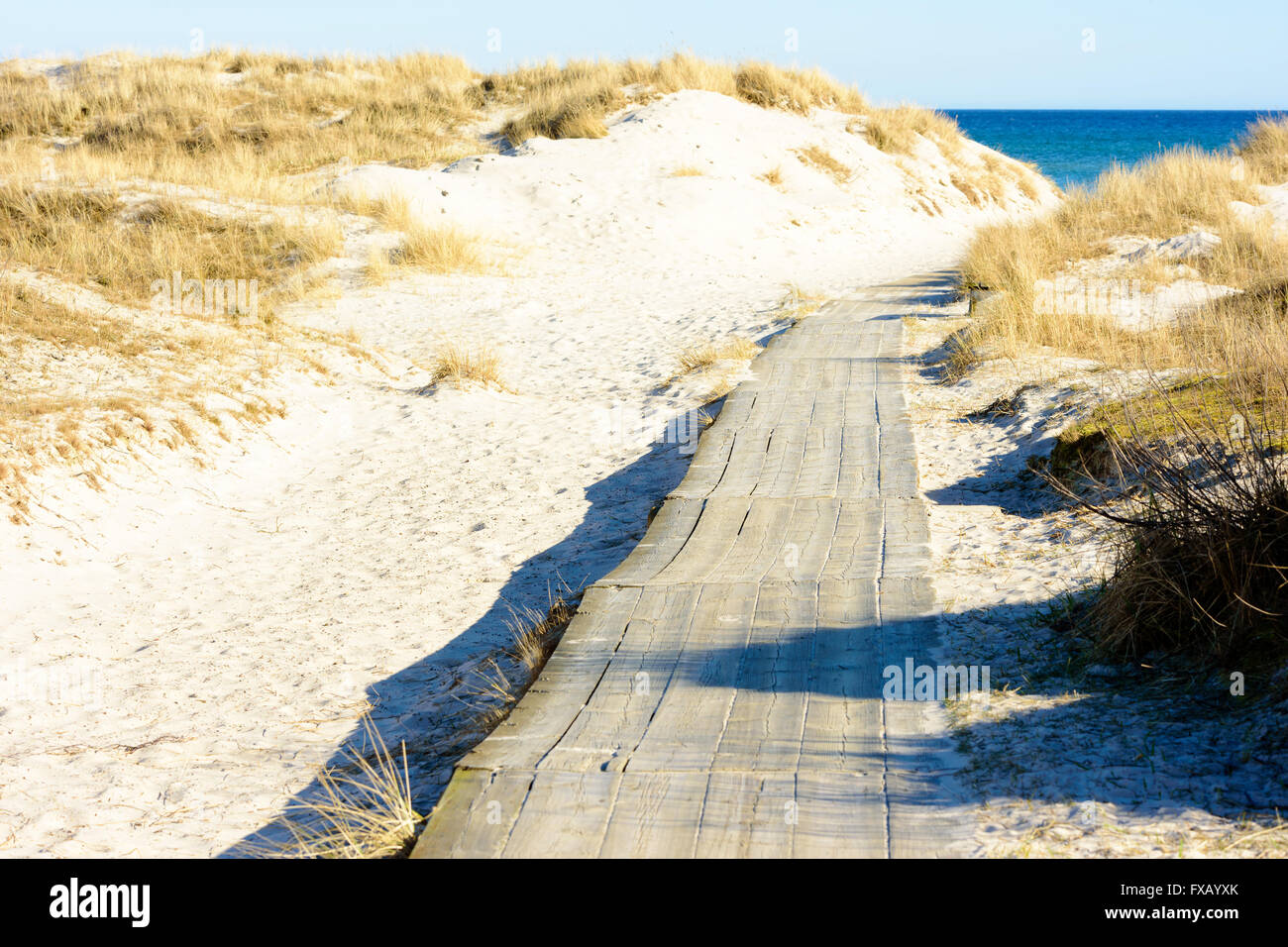 Wooden walkway or wheelchair trail on sandy beach going between sand ...