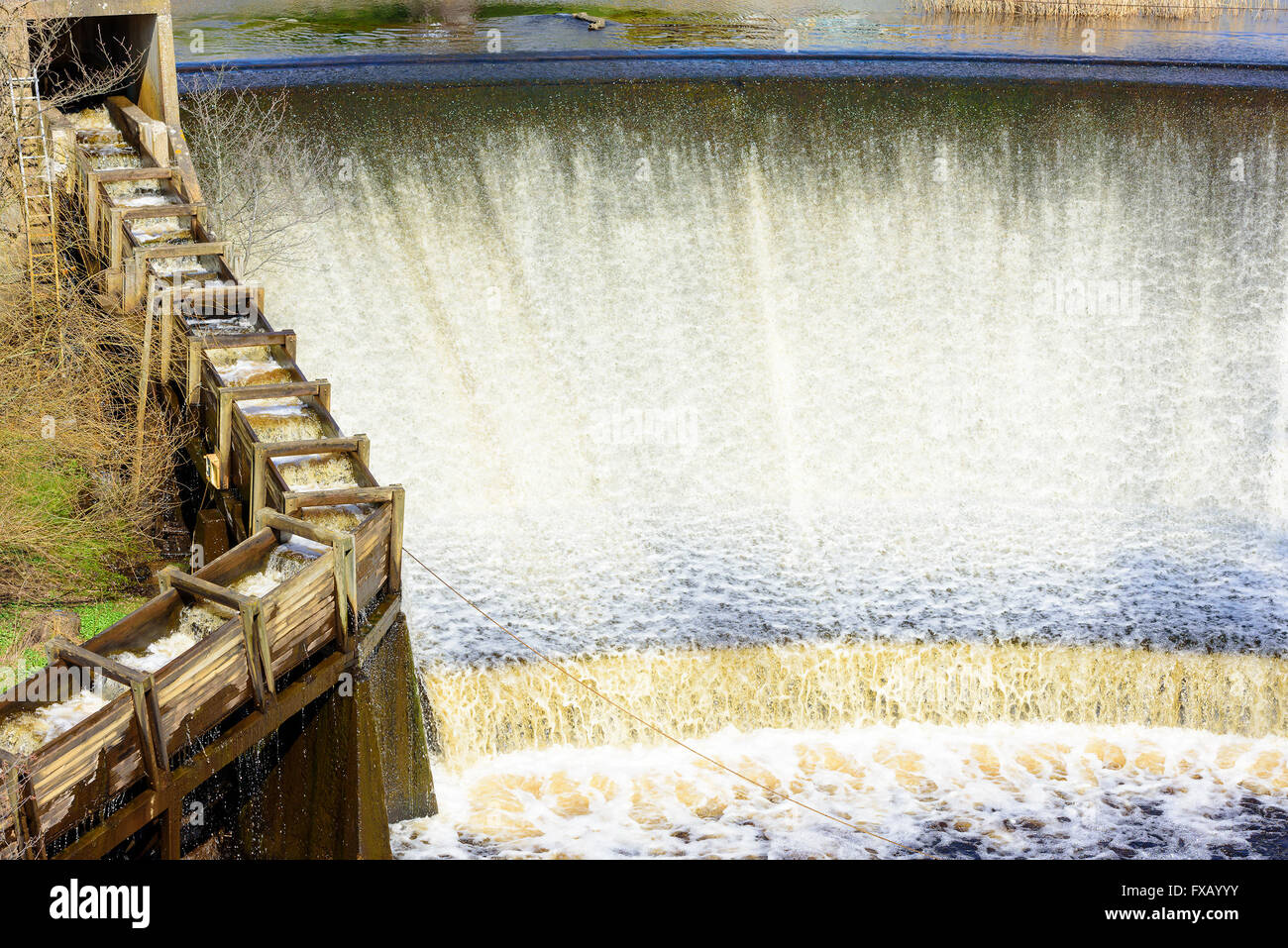 Wooden fish ladder with flowing water beside a reservoir overflow. This ...