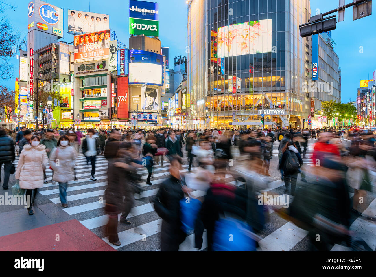 Tokyo, Japan - January 6, 2016: Evening rush hour at the famous Shibuya Crossing in Tokyo, Japan ...