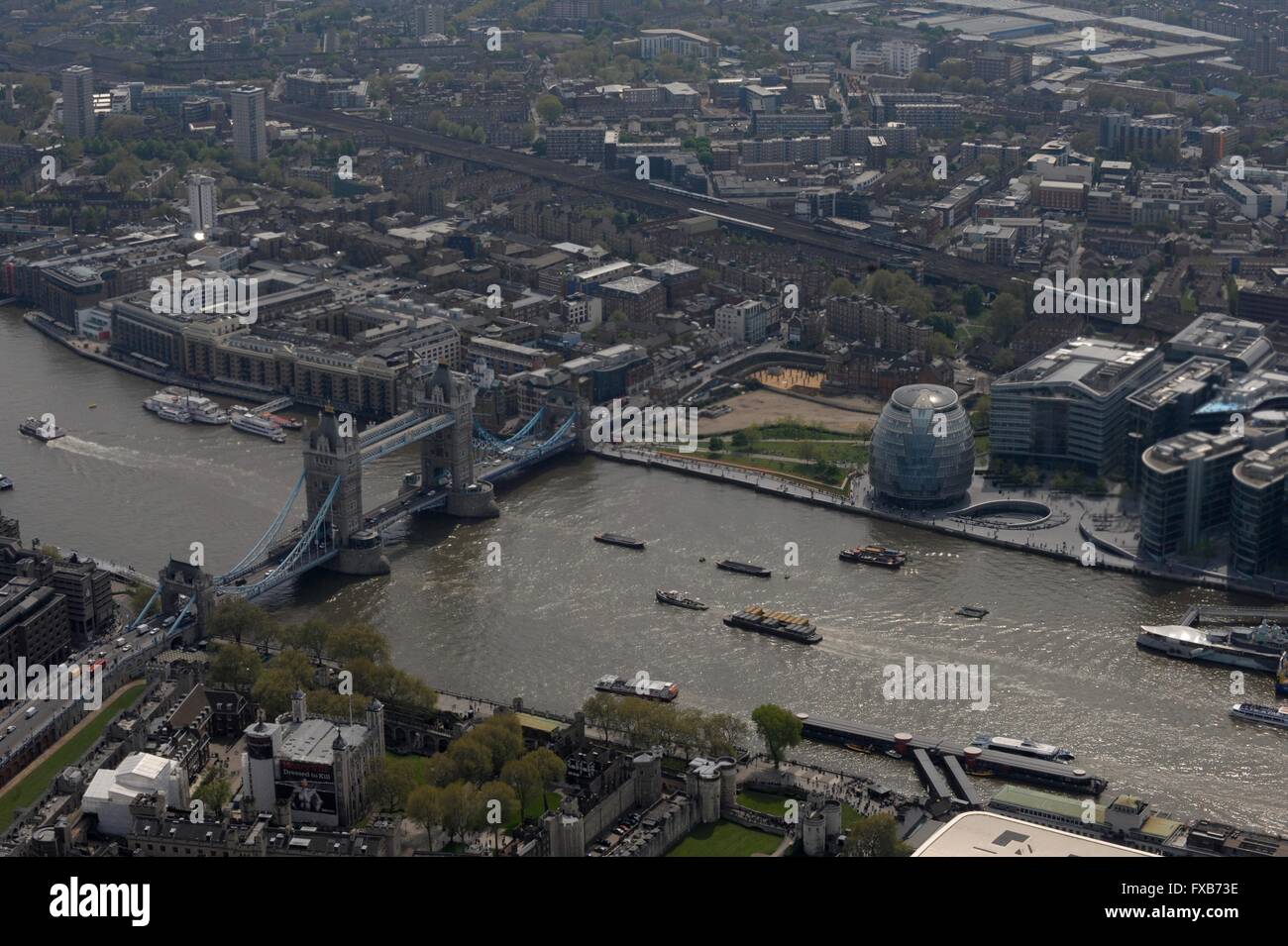 Aerial View of River Thames, Tower Bridge and City Hall, London UK ...