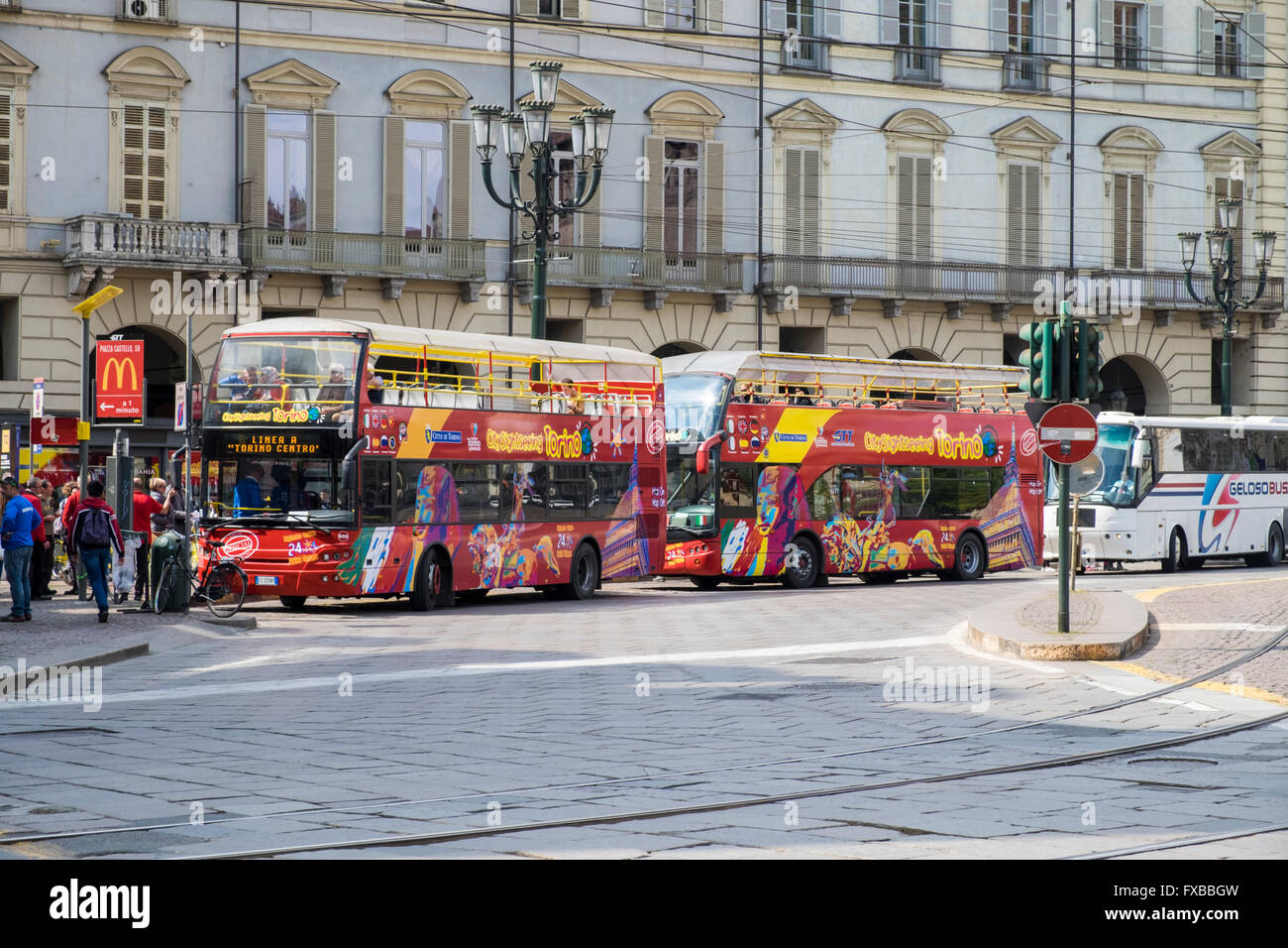 Tour buses in the centre of Turin, Turin, Piedmont, Italy Stock Photo ...