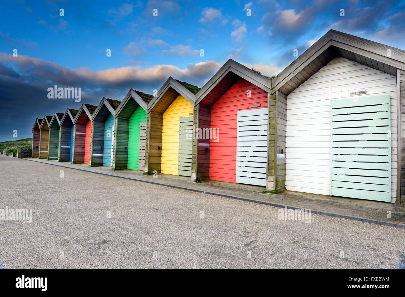 Colourful modern beach huts on the east coast at Blyth Northumberland ...