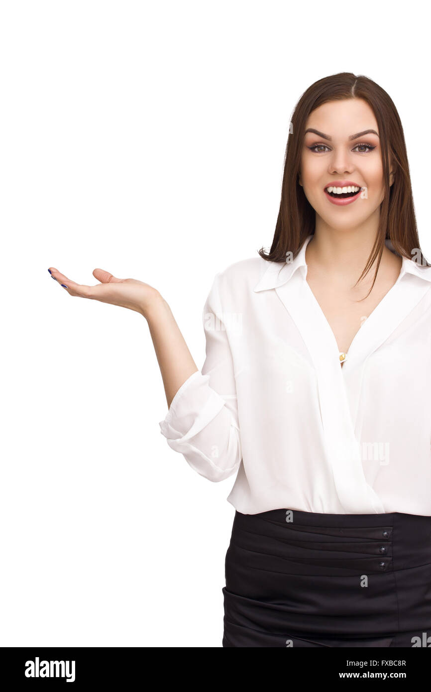 Business woman point up Stock Photo - Alamy