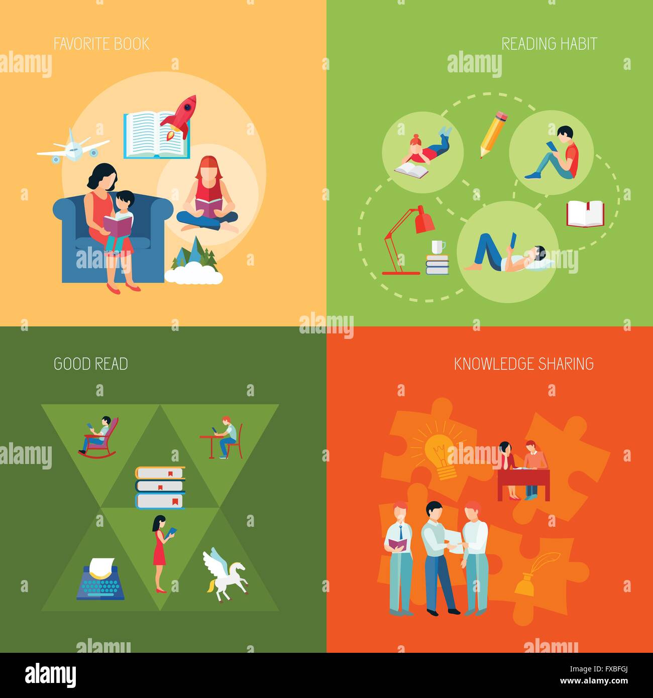 Woman sitting desk reading book Stock Vector Images - Alamy