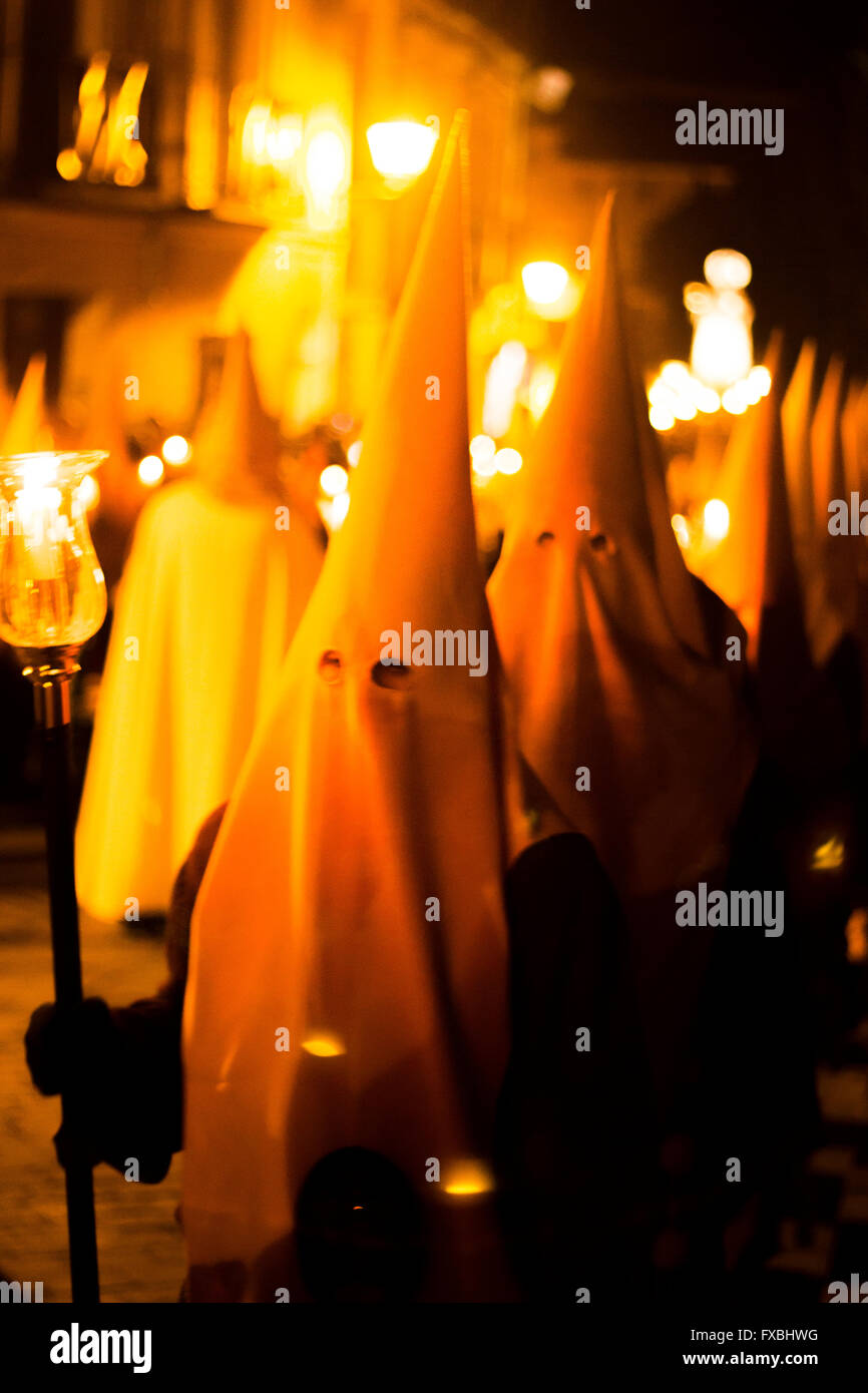 Easter catholic Spanish procession Semana Santa. Catholics wear pointed ...