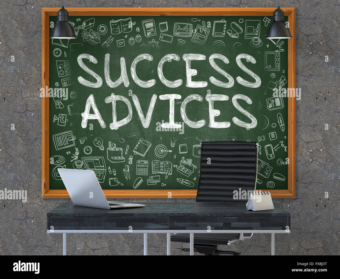 Success Advices on Chalkboard with Doodle Icons Stock Photo - Alamy