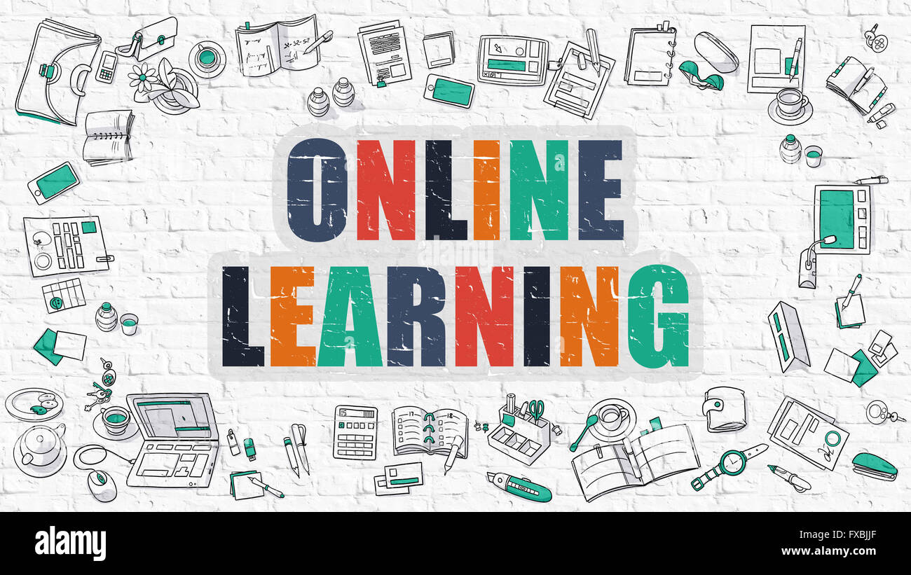 Multicolor Online Learning on White Brickwall. Doodle Style Stock Photo ...