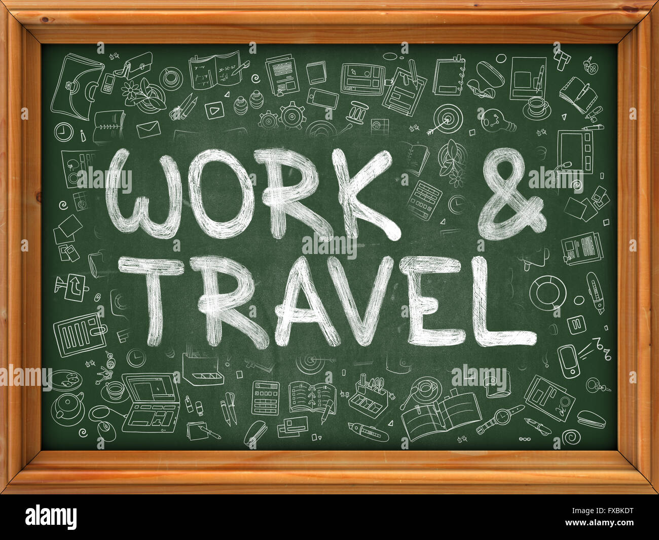 Work and Travel Concept. Green Chalkboard with Doodle Icons Stock Photo ...