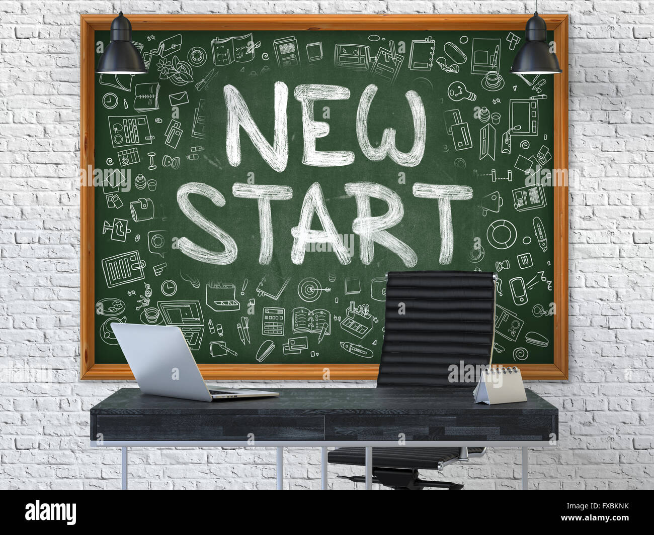 Chalkboard on the Office Wall with New Start Concept Stock Photo - Alamy