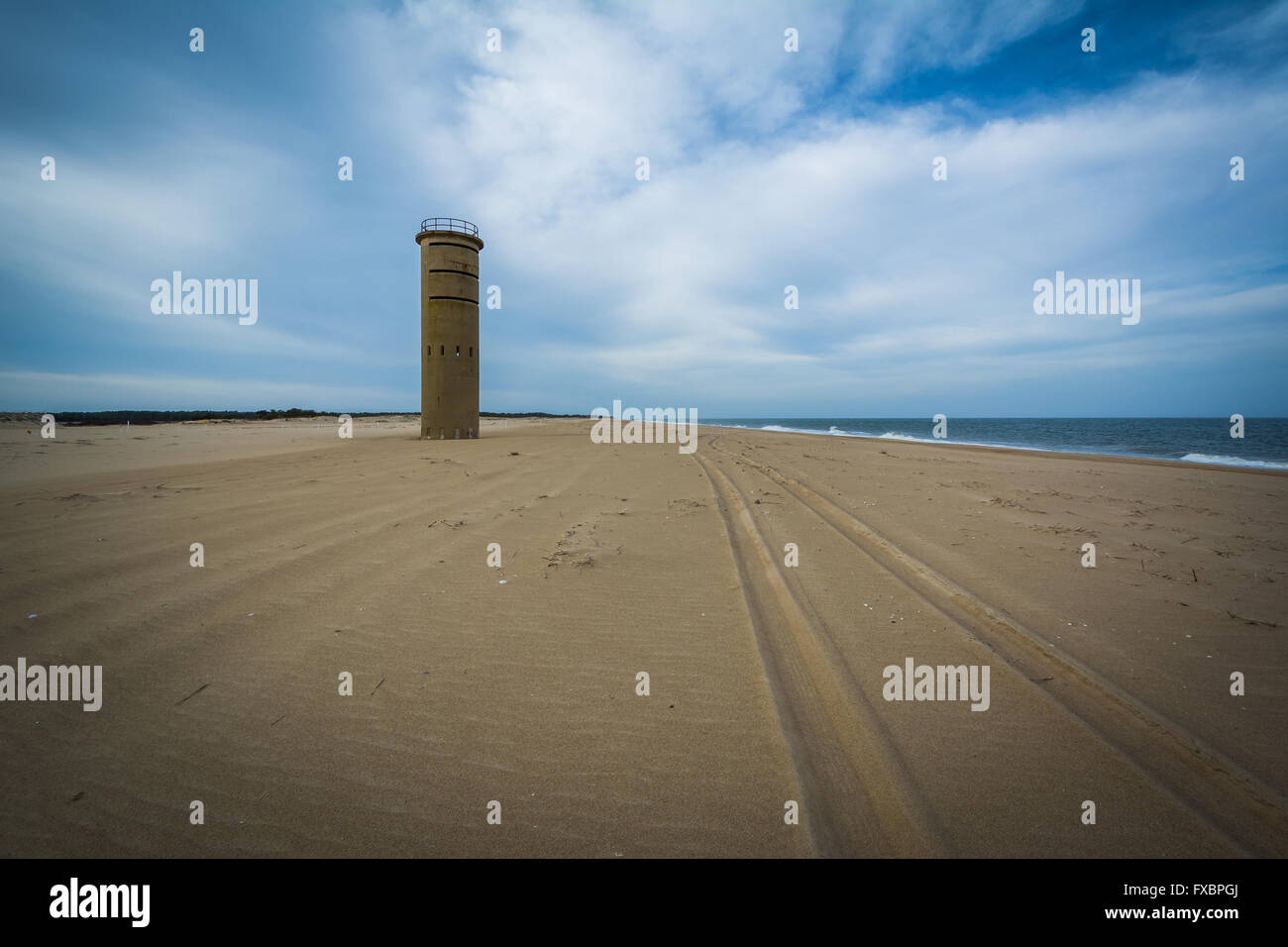 Tire tracks on the beach and a World War II Observation Tower at Cape ...