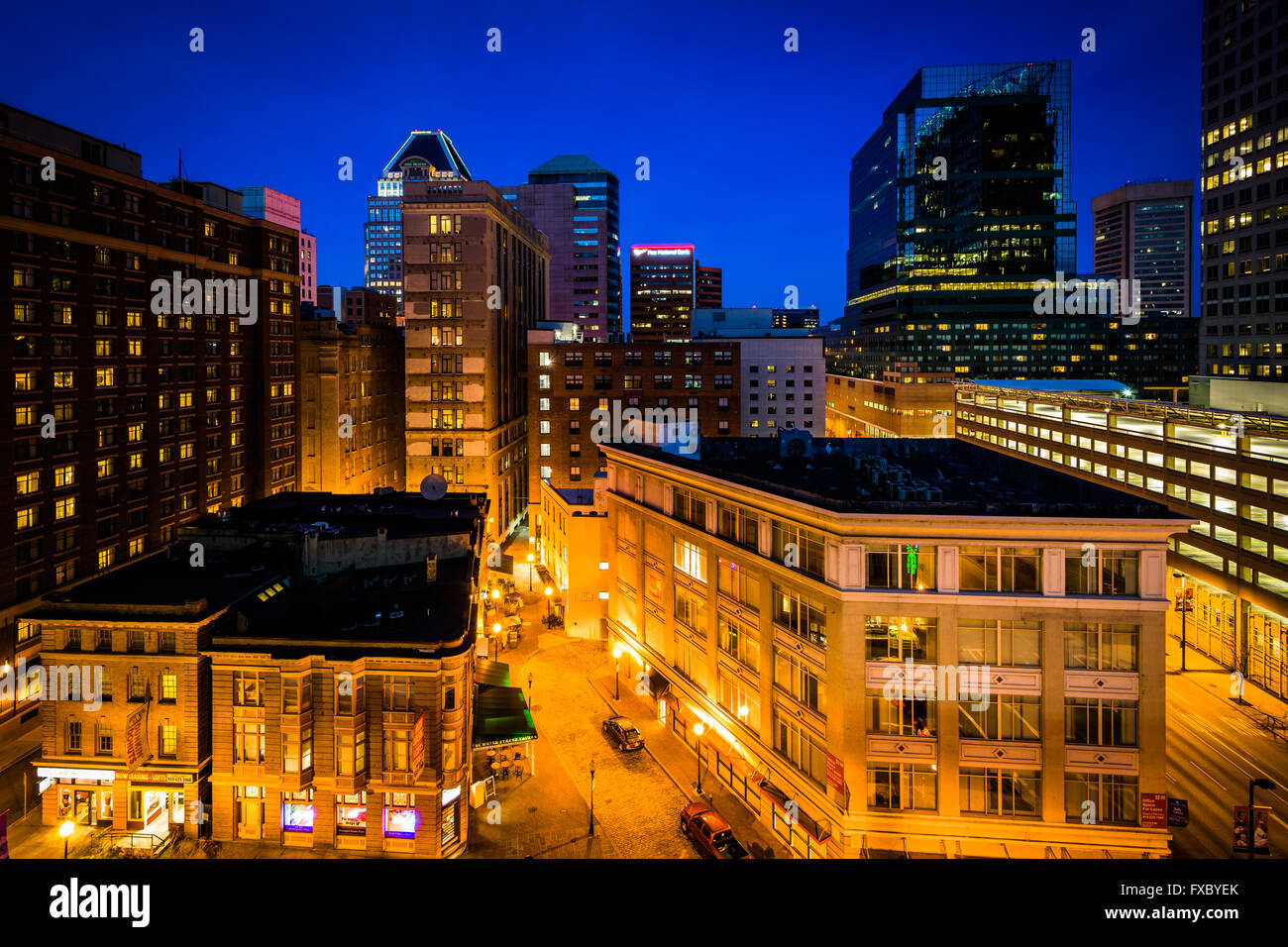 View of buildings in downtown at night, in Baltimore, Maryland Stock ...