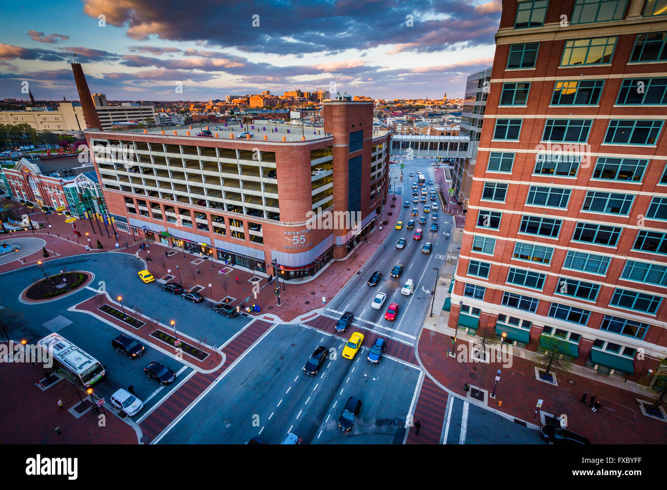 View of buildings on Lombard Street at sunset, in downtown Baltimore ...