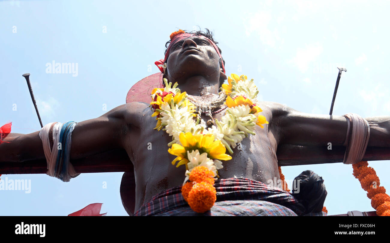 Kolkata, India. 13th Apr, 2016. Hindu devotee is nailed to cross during ...