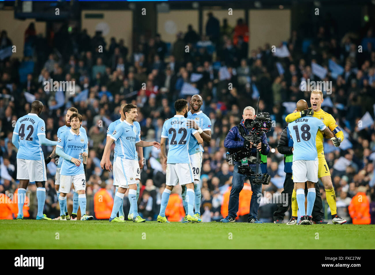 Celebrate win city manchester stadium hi-res stock photography and ...