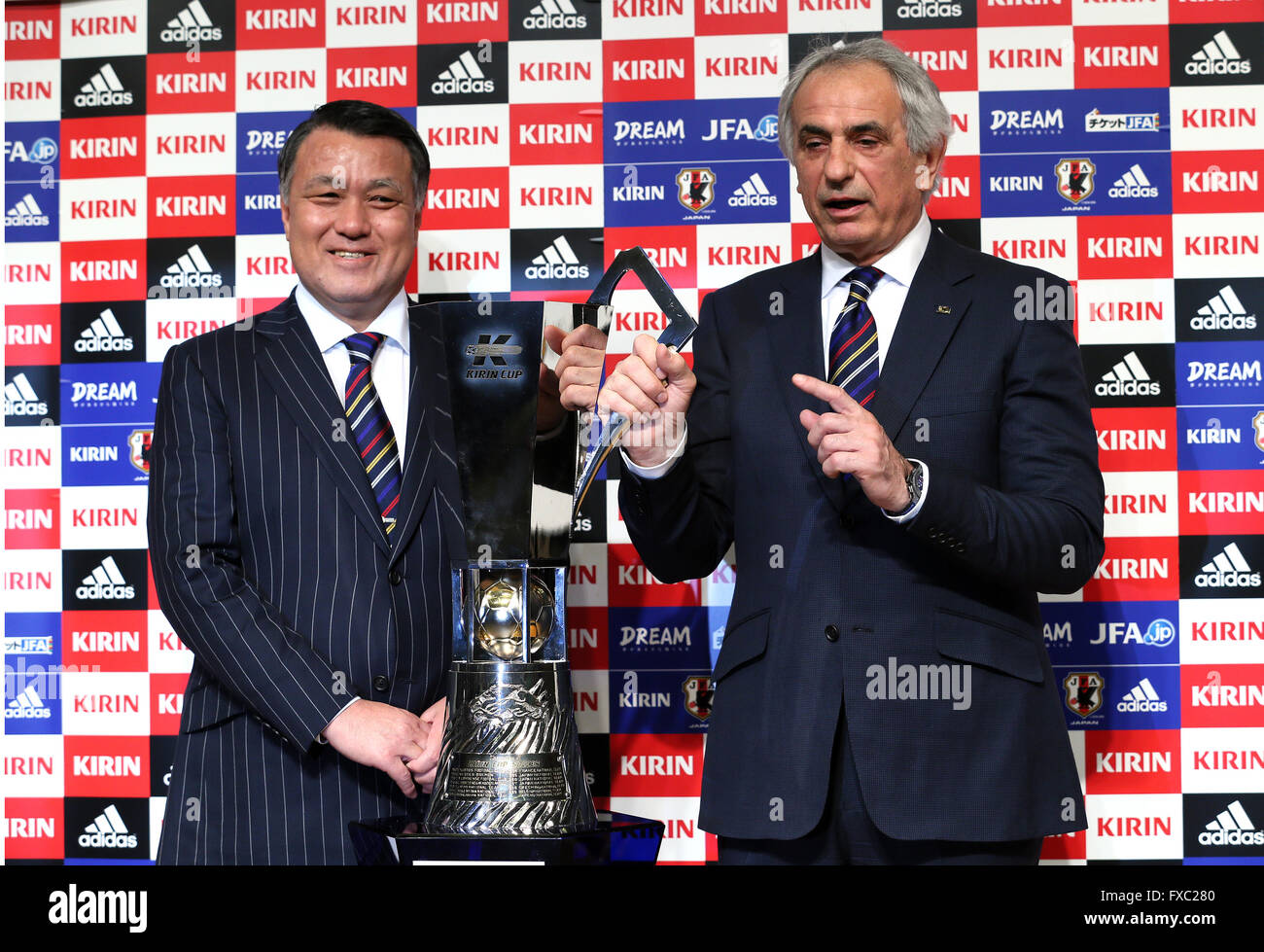 Tokyo, Japan. 13th Apr, 2016. Japan Football Association (JFA) new president Kozo Tajima (L) and ...