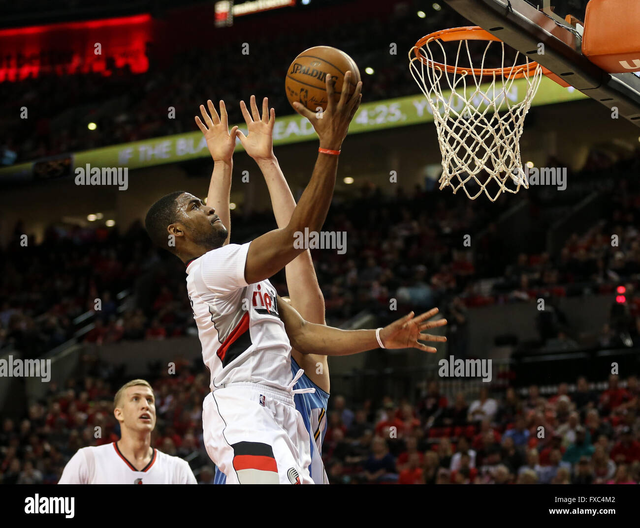 Portland, USA. 13th April, 2016. MAURICE HARKLESS (4) drives to the ...