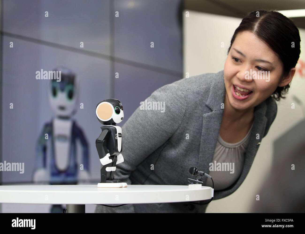 Tokyo, Japan. 14th Apr, 2016. Japanese electronics giant Sharp's RoBoHoN project leader Miho ...