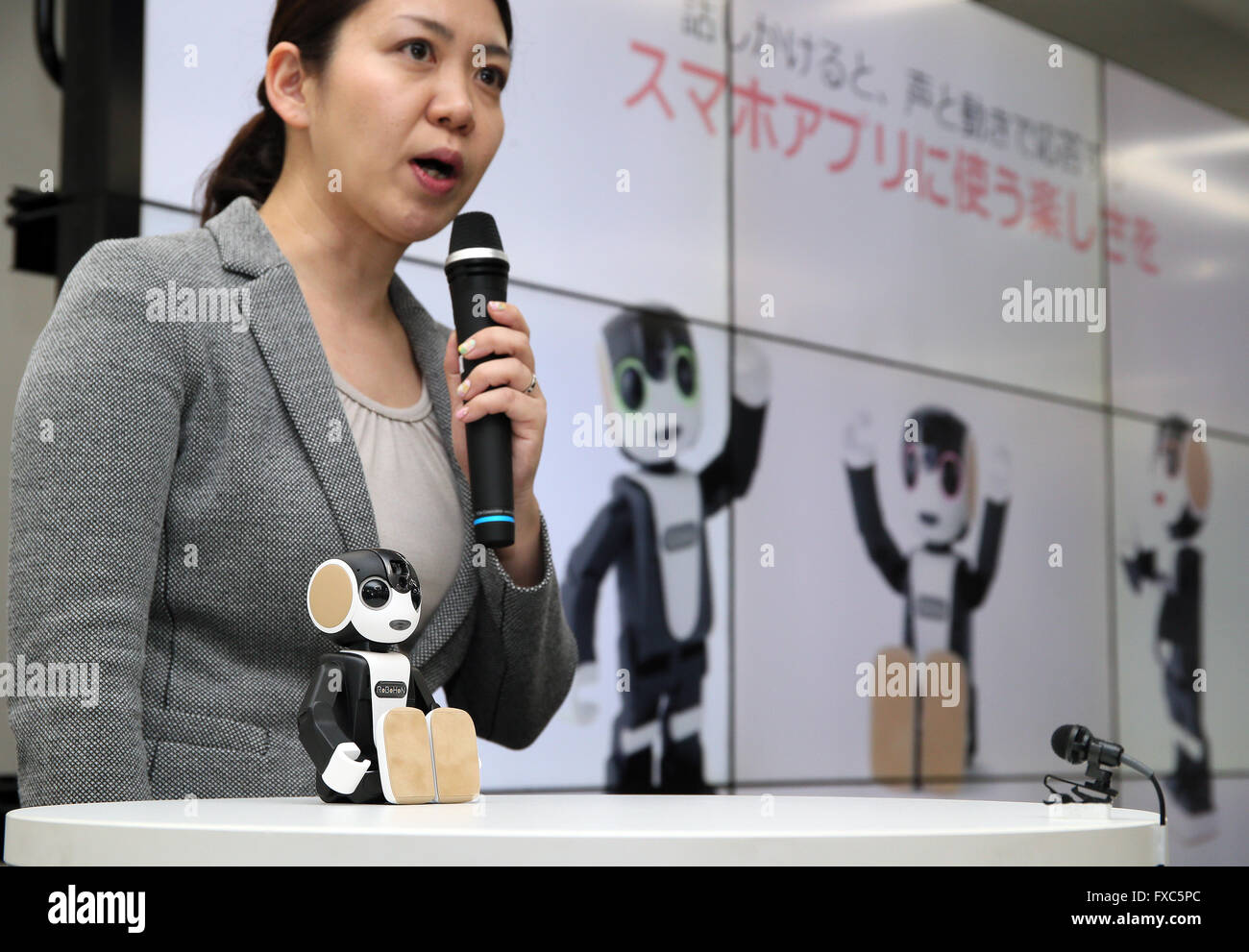 Tokyo, Japan. 14th Apr, 2016. Japanese electronics giant Sharp's RoBoHoN project leader Miho ...