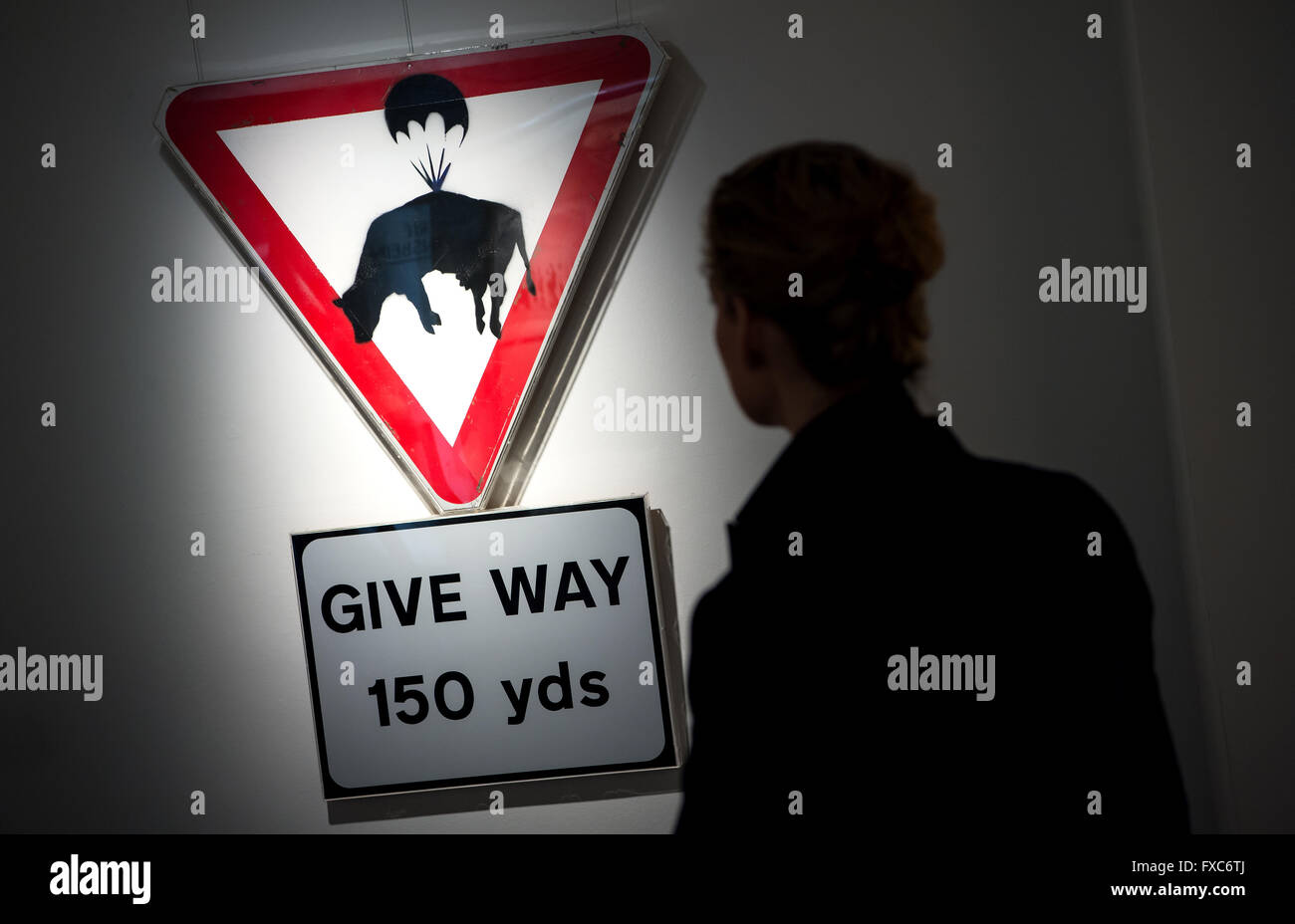 Munich, Germany. 14th Apr, 2016. The picture 'Sign' by street artist ...